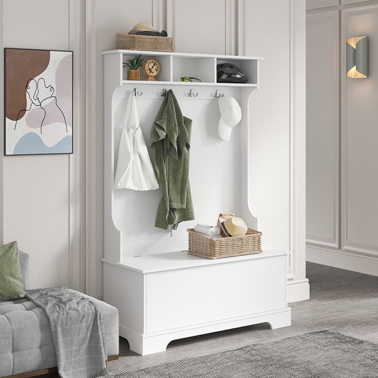 Hall Tree with 4 Hooks and Hinged Lid, 3-in-1 Entryway Coat Racks with ...