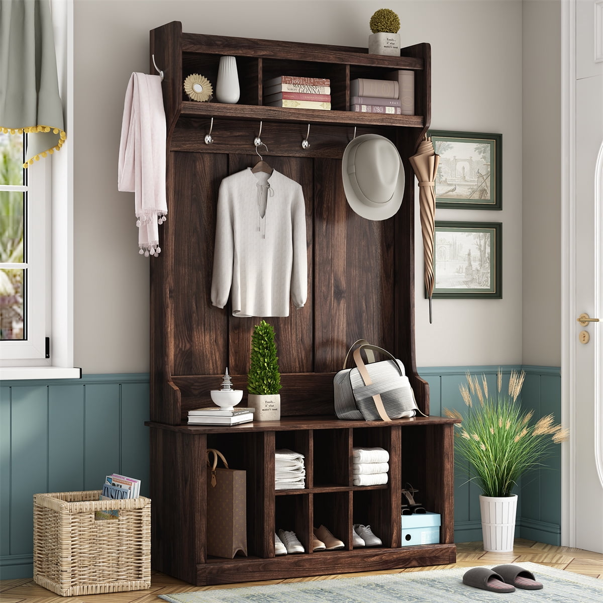 Hall Tree with 6 Hooks, Coat Hanger with Bottom Storage, Entryway Bench ...