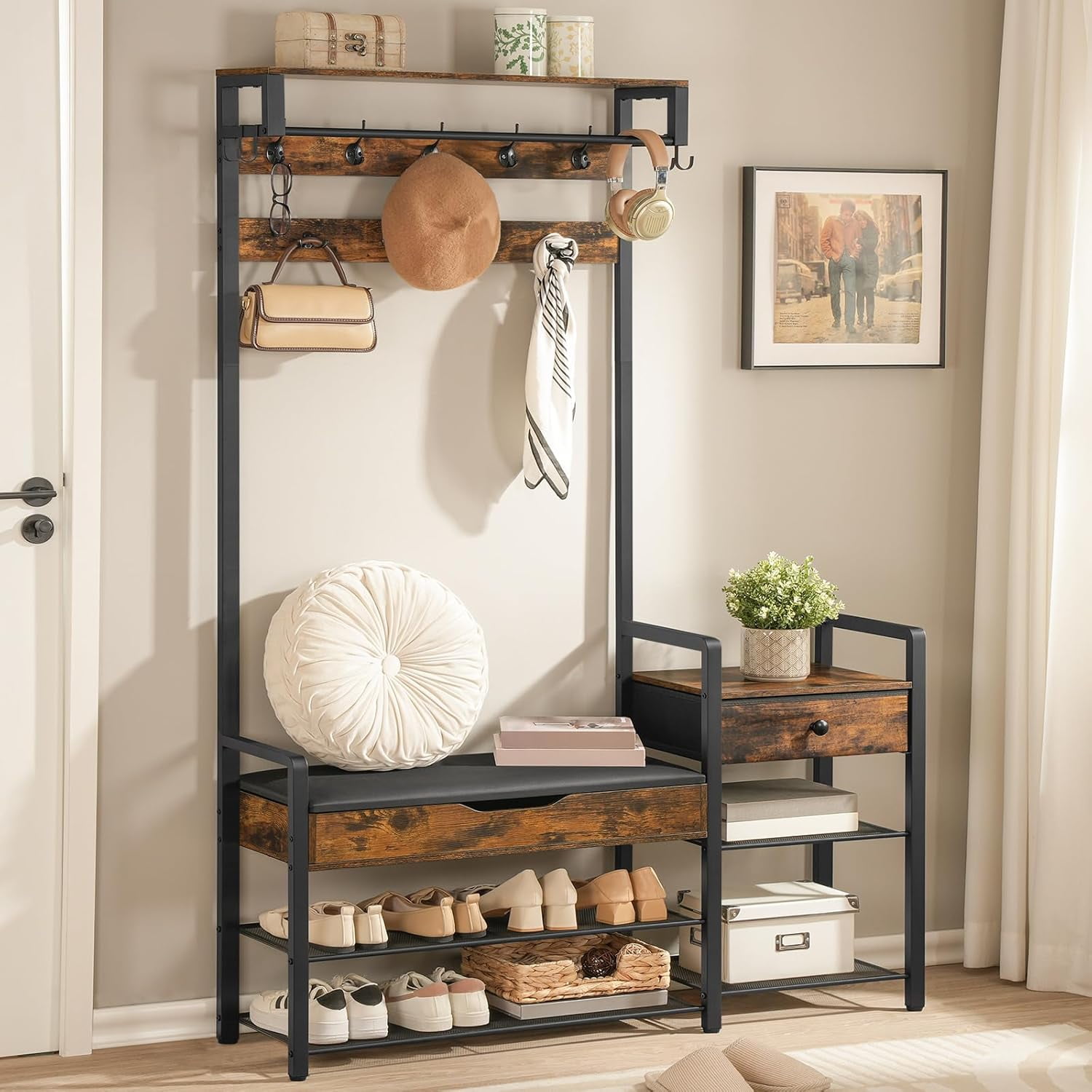 Hall Tree with Bench, Shoe and Coat Rack for Entryway, Coat Rack with ...