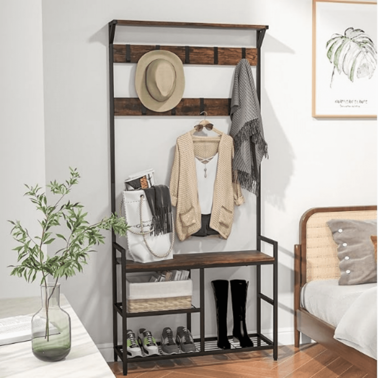 Hall Tree with Bench and Shoe Storage, 3-in-1 Industrial Entryway Bench ...
