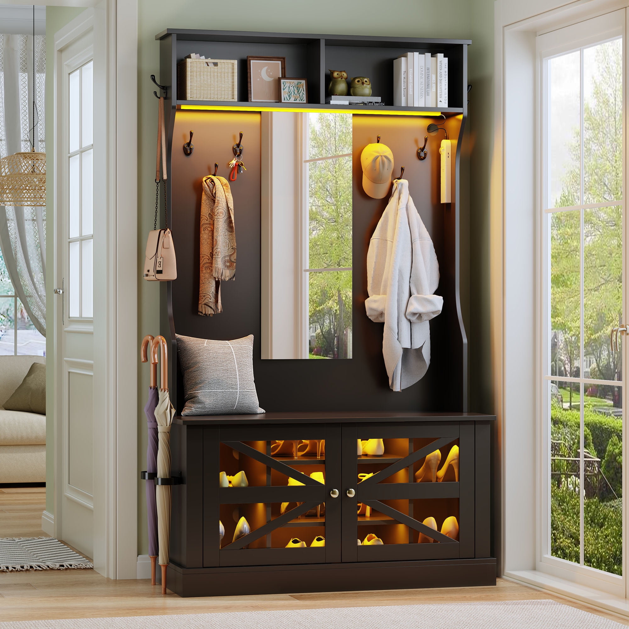 Hall Tree with Bench and Shoe Storage, 7-in-1 Entryway Storage Bench ...