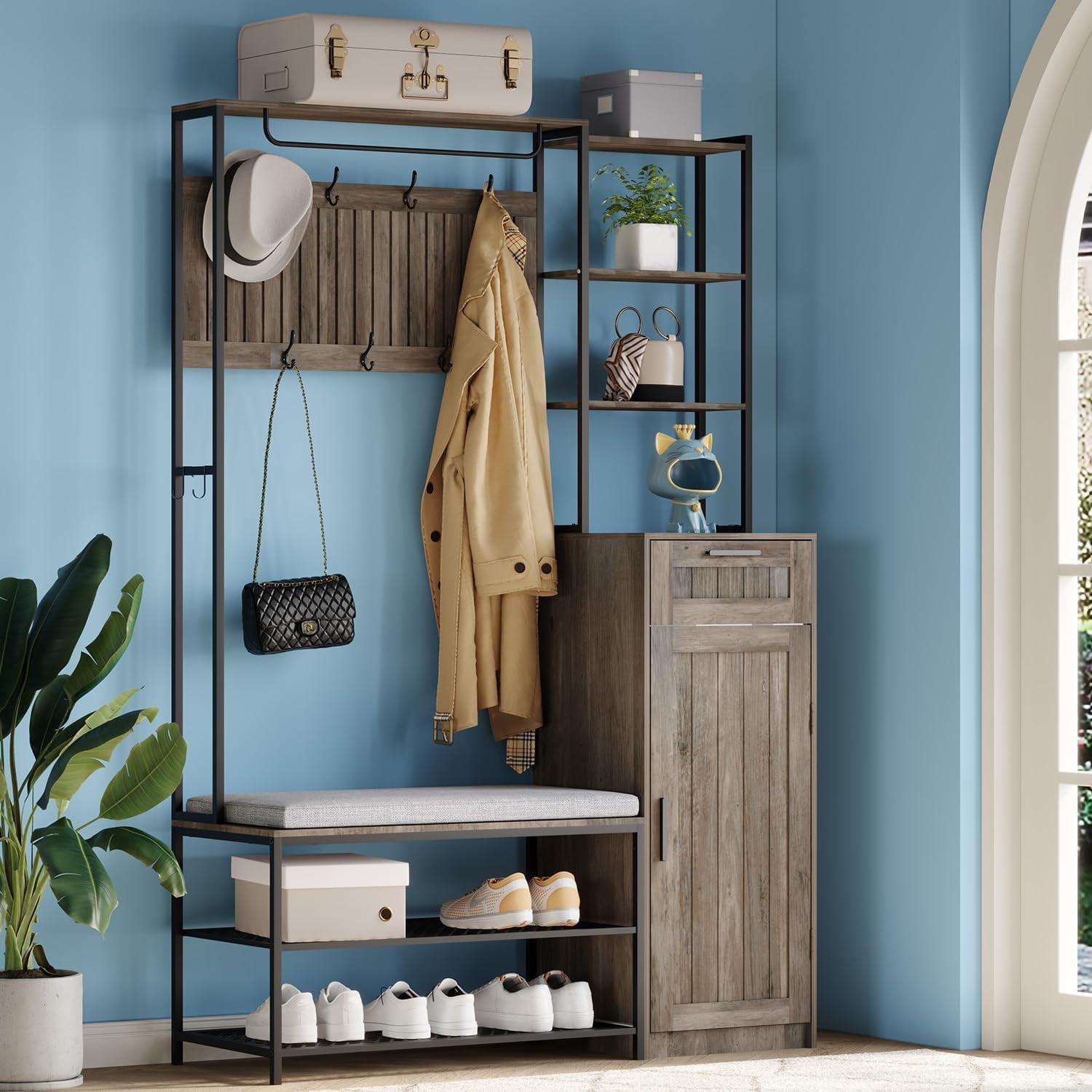 Hall Tree with Bench and Shoe Storage, Coat Rack with Shoe Bench for ...