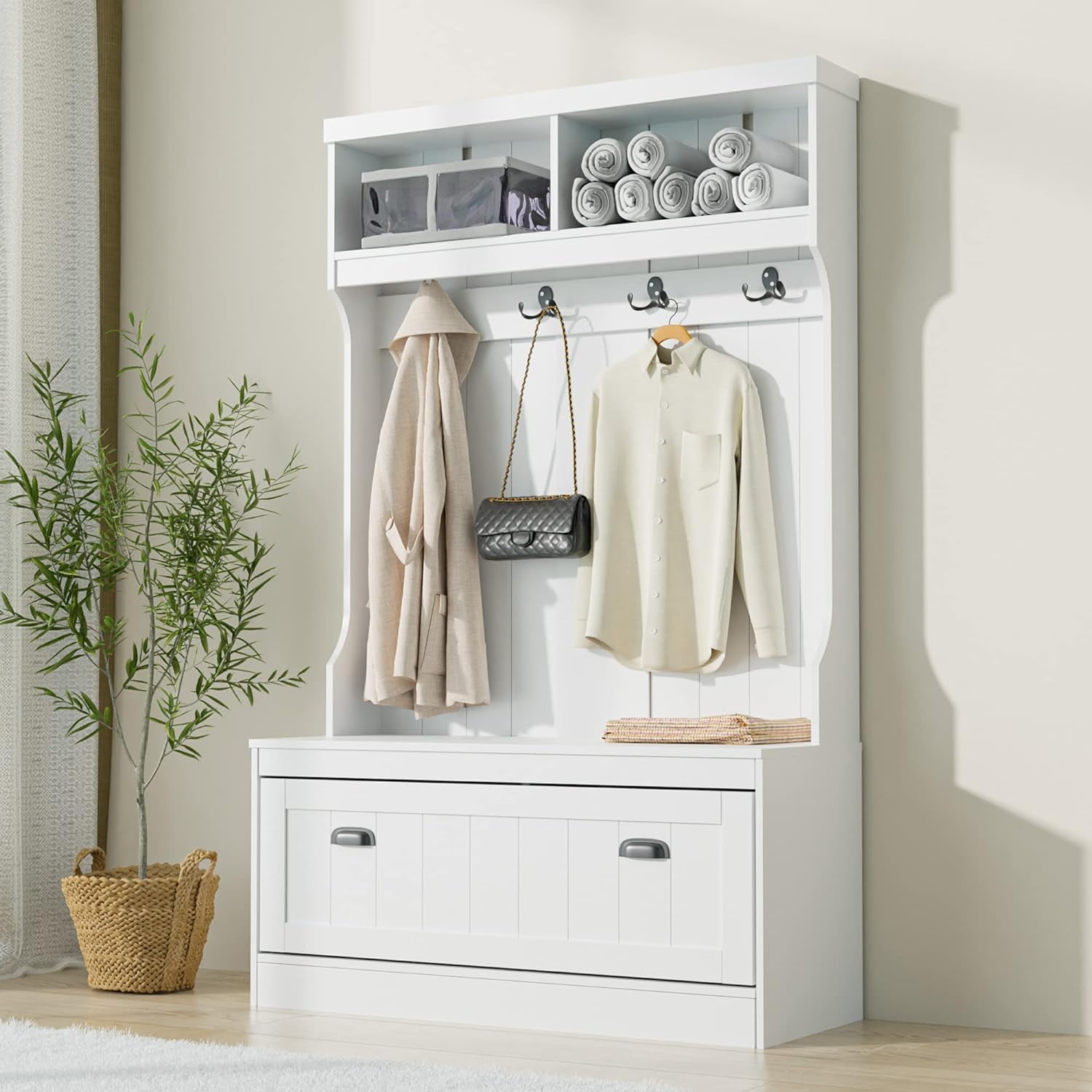 Hall Tree with Bench and Shoe Storage, Coat Rack with Shoe Storage, 40 ...