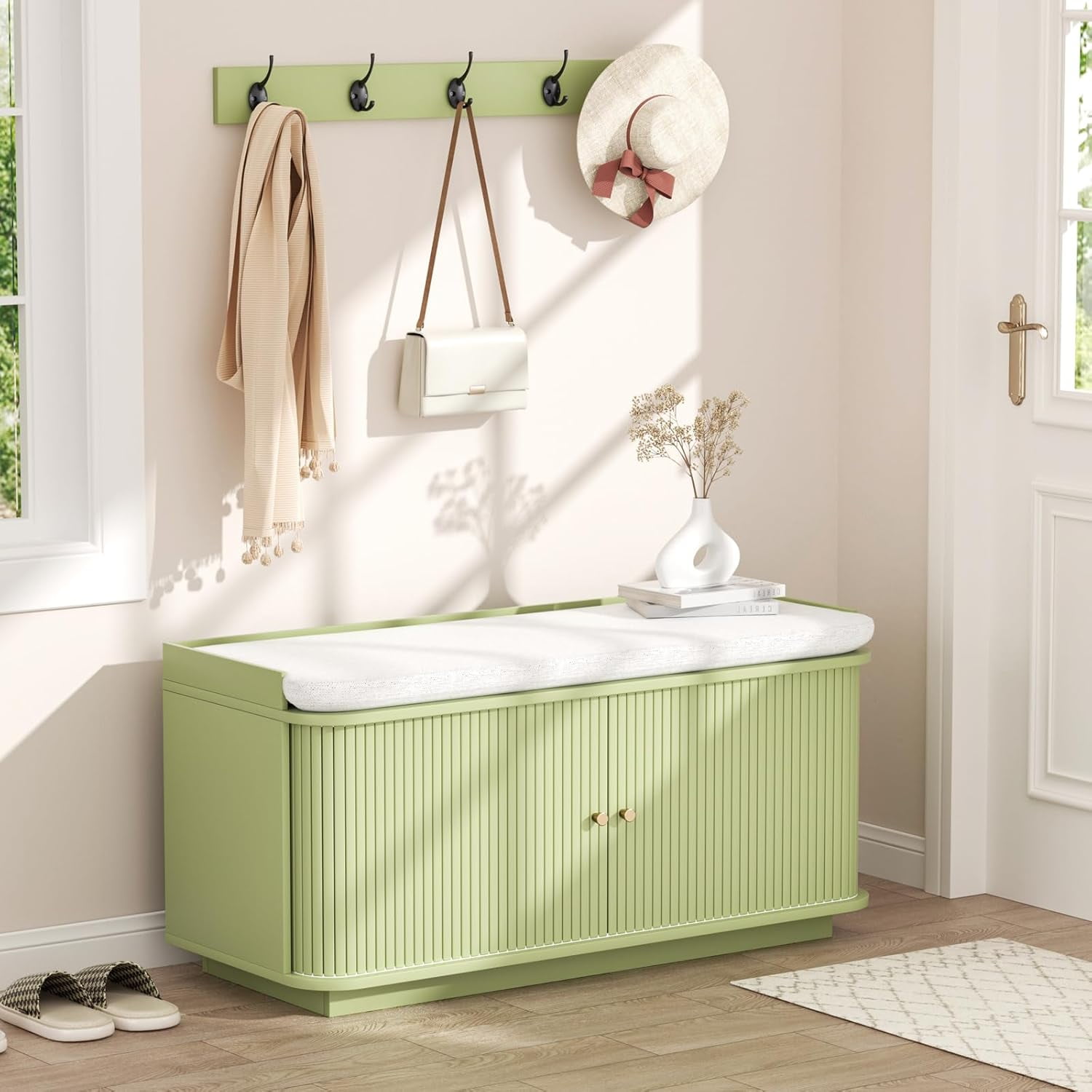 Hall Tree with Bench and Shoe Storage, Entryway Bench with Sliding Door ...