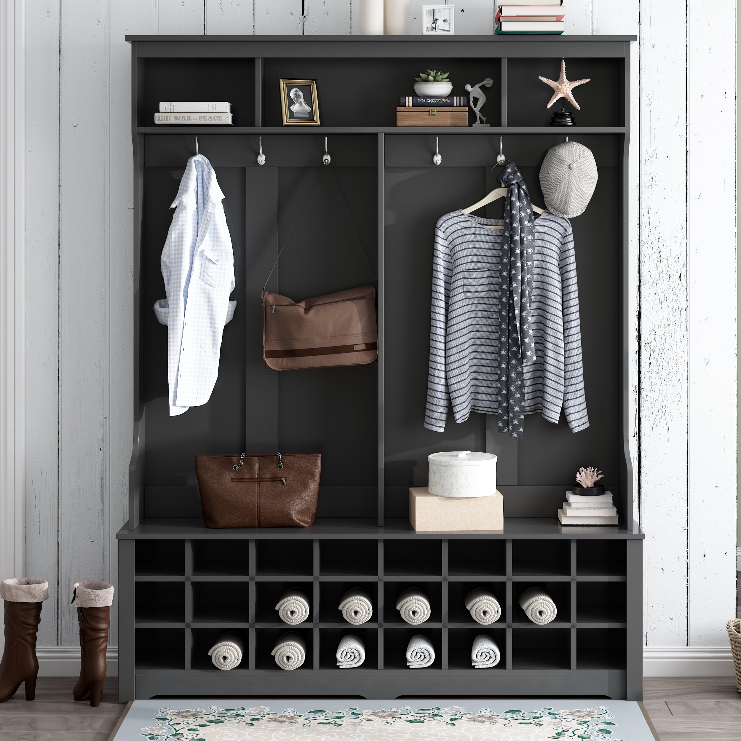Hall Tree with Bench and Shoe Storage, Hallway Coat Rack with 6 Black ...