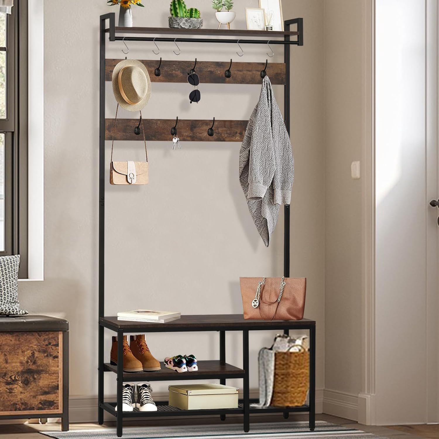 Hall Tree with Bench and Shoe Storage, Large 5-in-1 Entryway Coat Racks ...