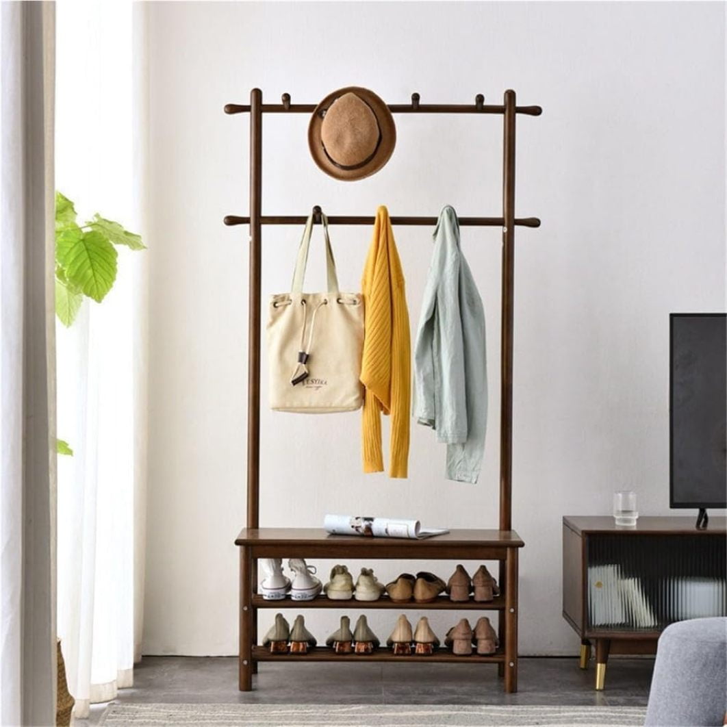 Hall Tree with Bench and Shoe Storage, Wooden Coat Rack with Hanging ...