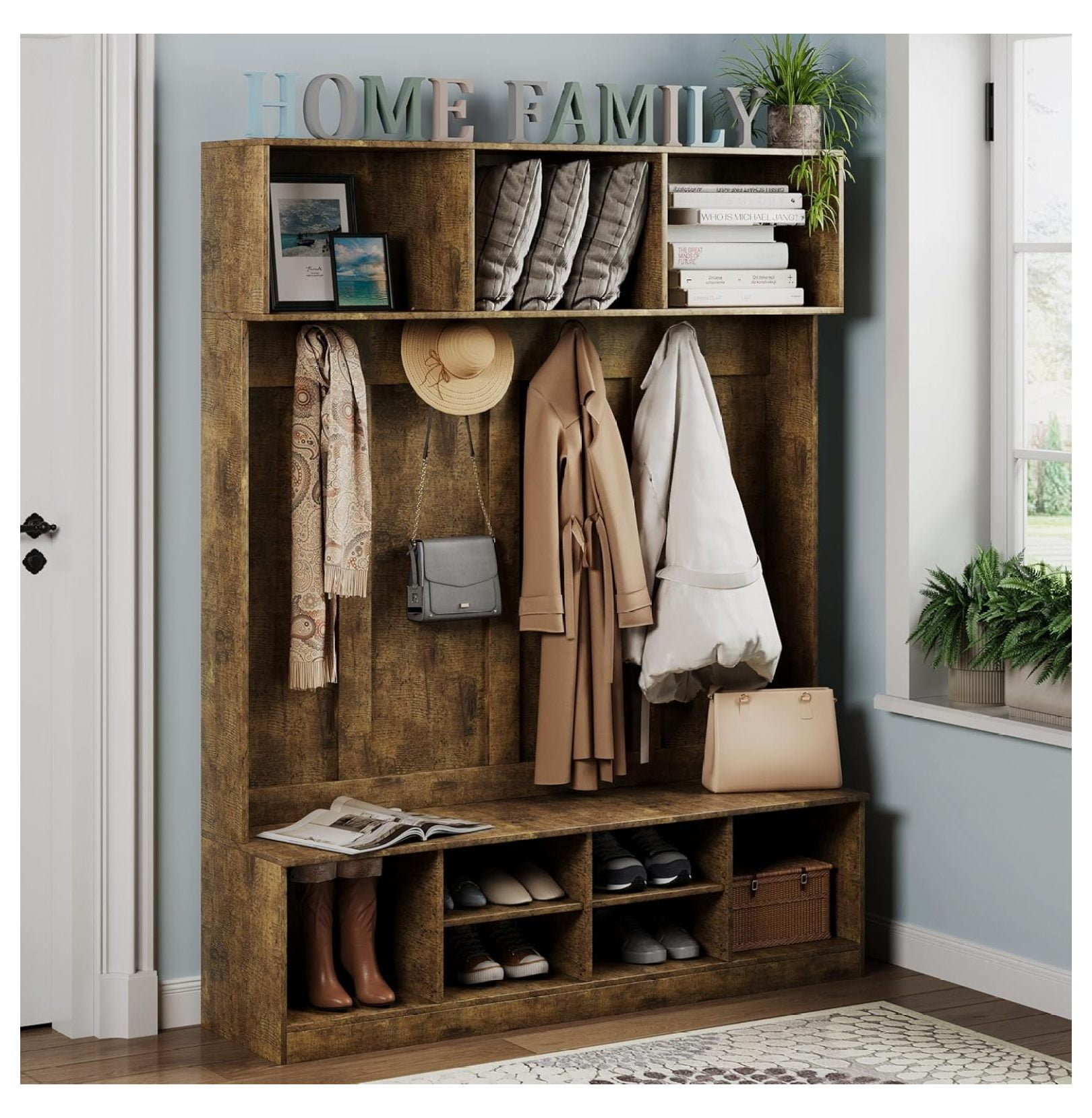 Hall Tree with Bench and Storage, Farmhouse 75" H Tall Hall Tree Wood ...