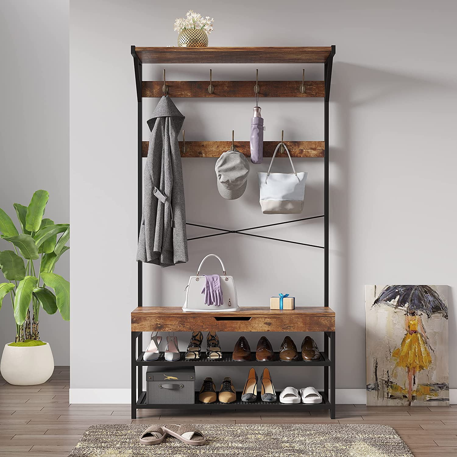 Hall Tree Clothes Rack Shoe Entrance Storage with 7 Hooks and Hidden ...