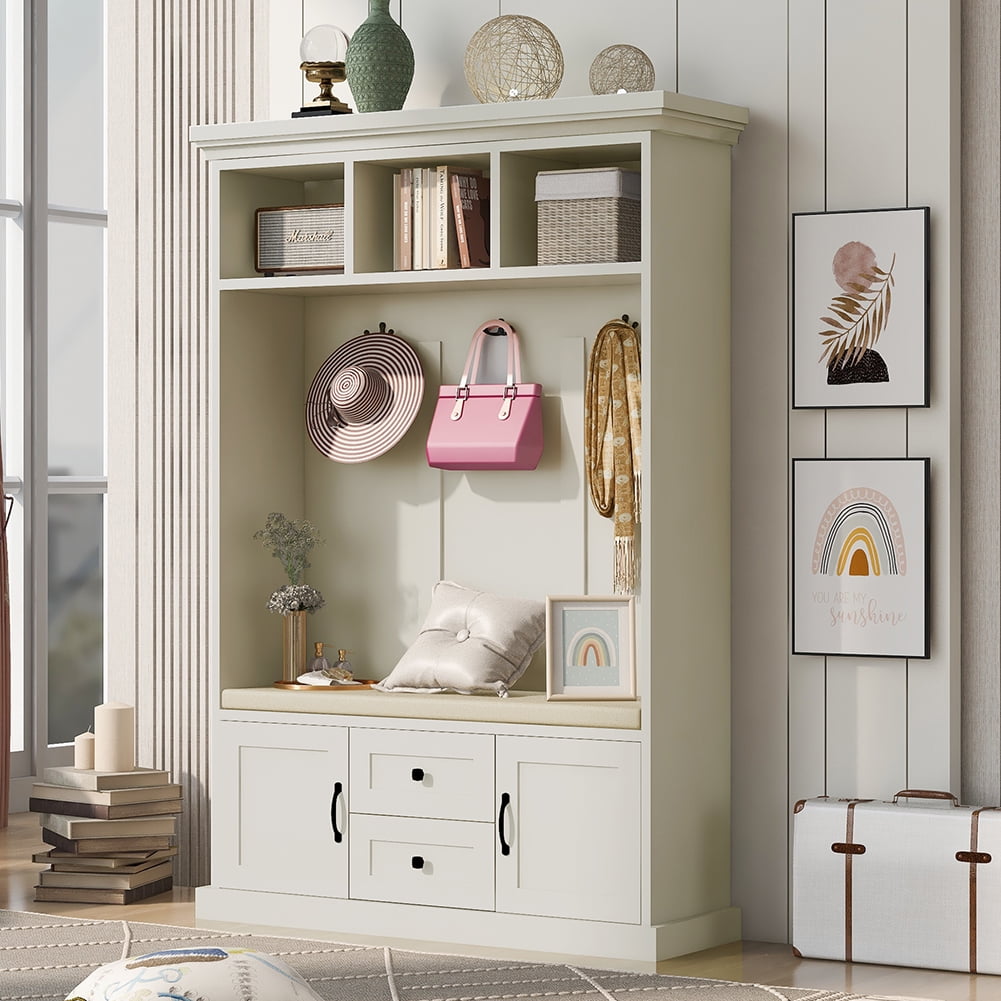 Hall Tree Coat Hanger with 3 Hooks Open Storage Shelves Shoe Bench ...