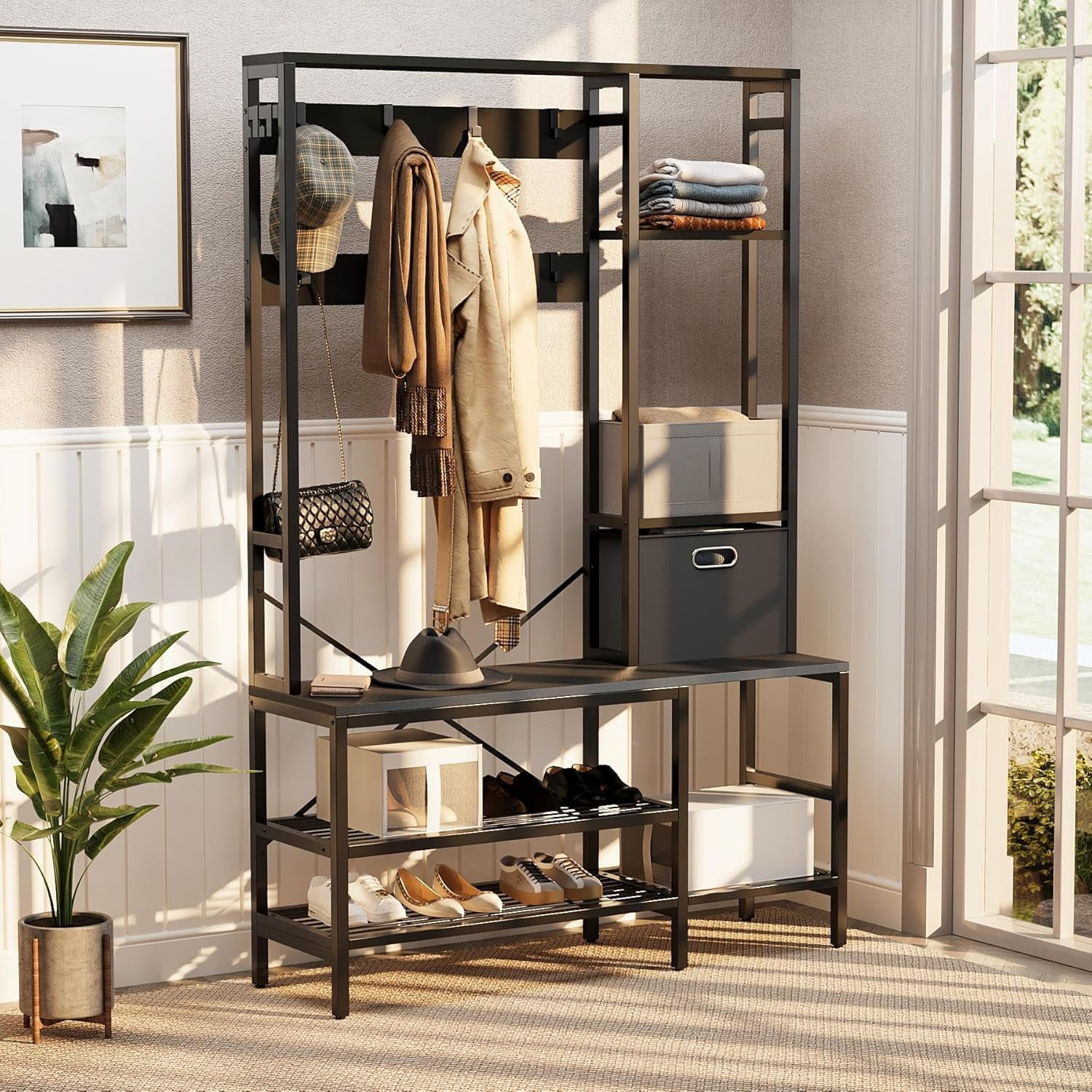 Hall Tree Coat Rack with Bench, Entryway Bench with Shoe Storage and ...