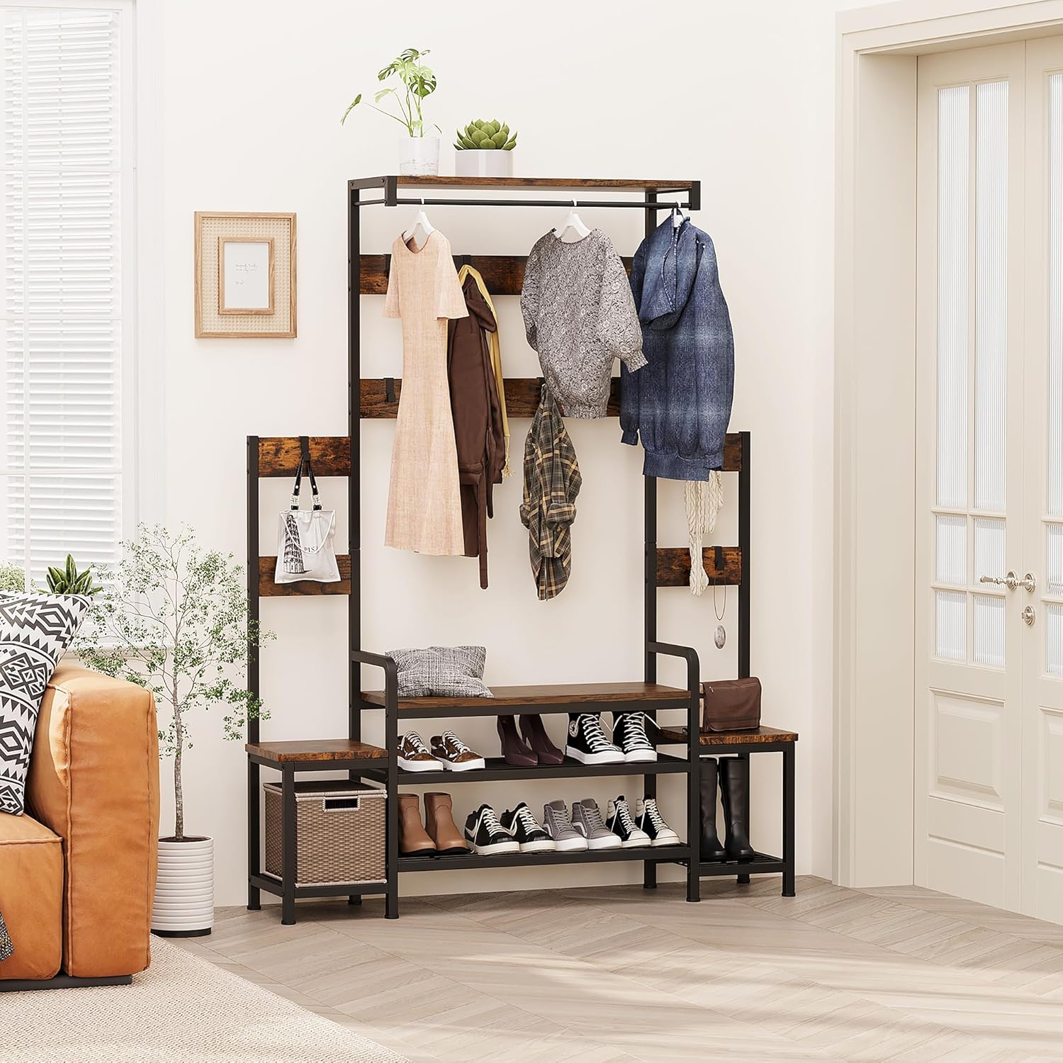 Hall Tree Coat Rack with LED Lights,Modern Coat Rack with Bench Shoe ...