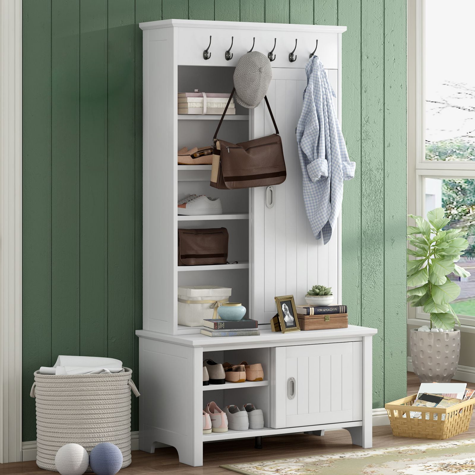 Hall Tree Entryway Bench with Sliding Doors,Multifunctional Shoe ...