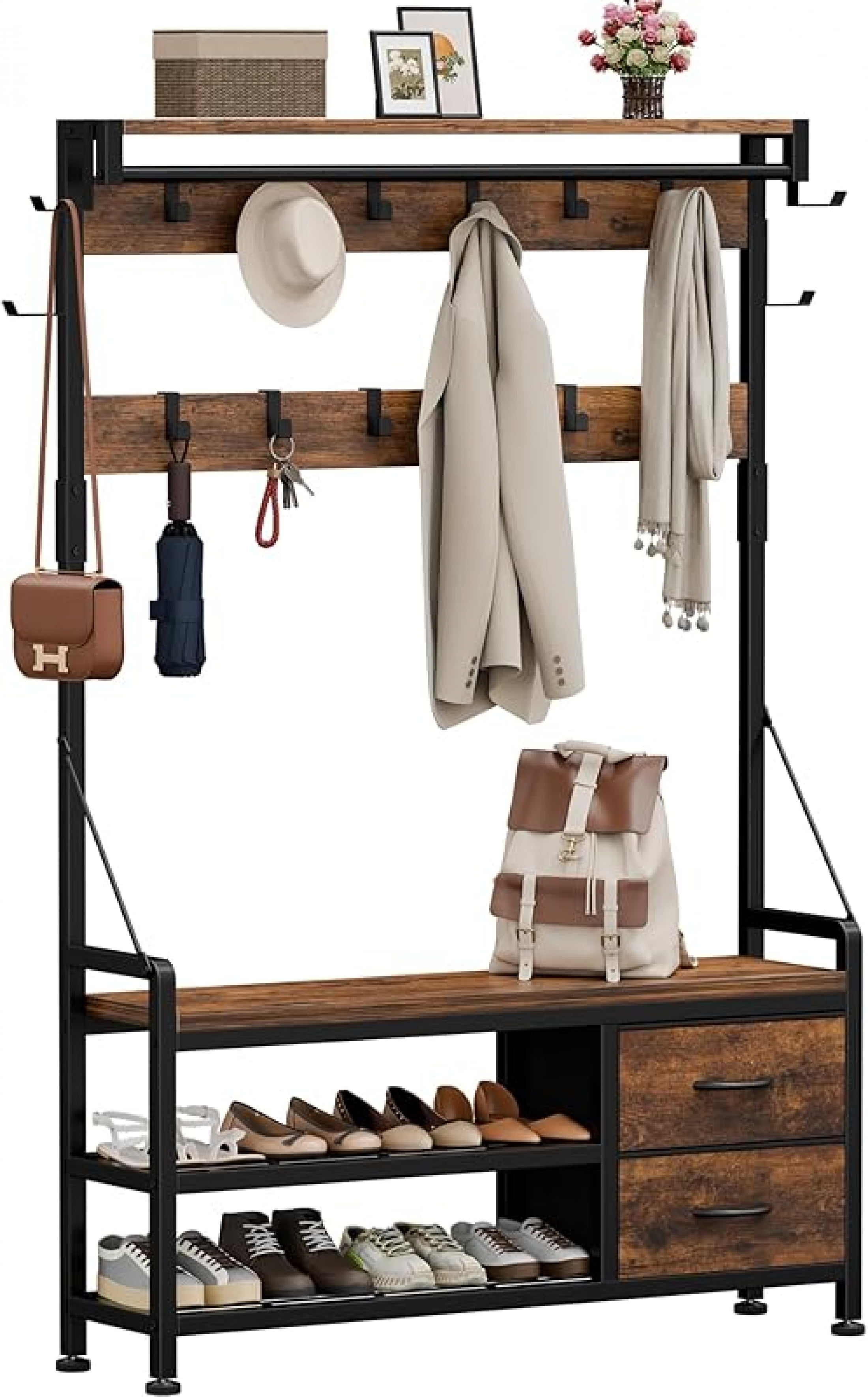 Hall Tree, Entryway Bench with Coat Rack freestanding, 5 in 1 ...