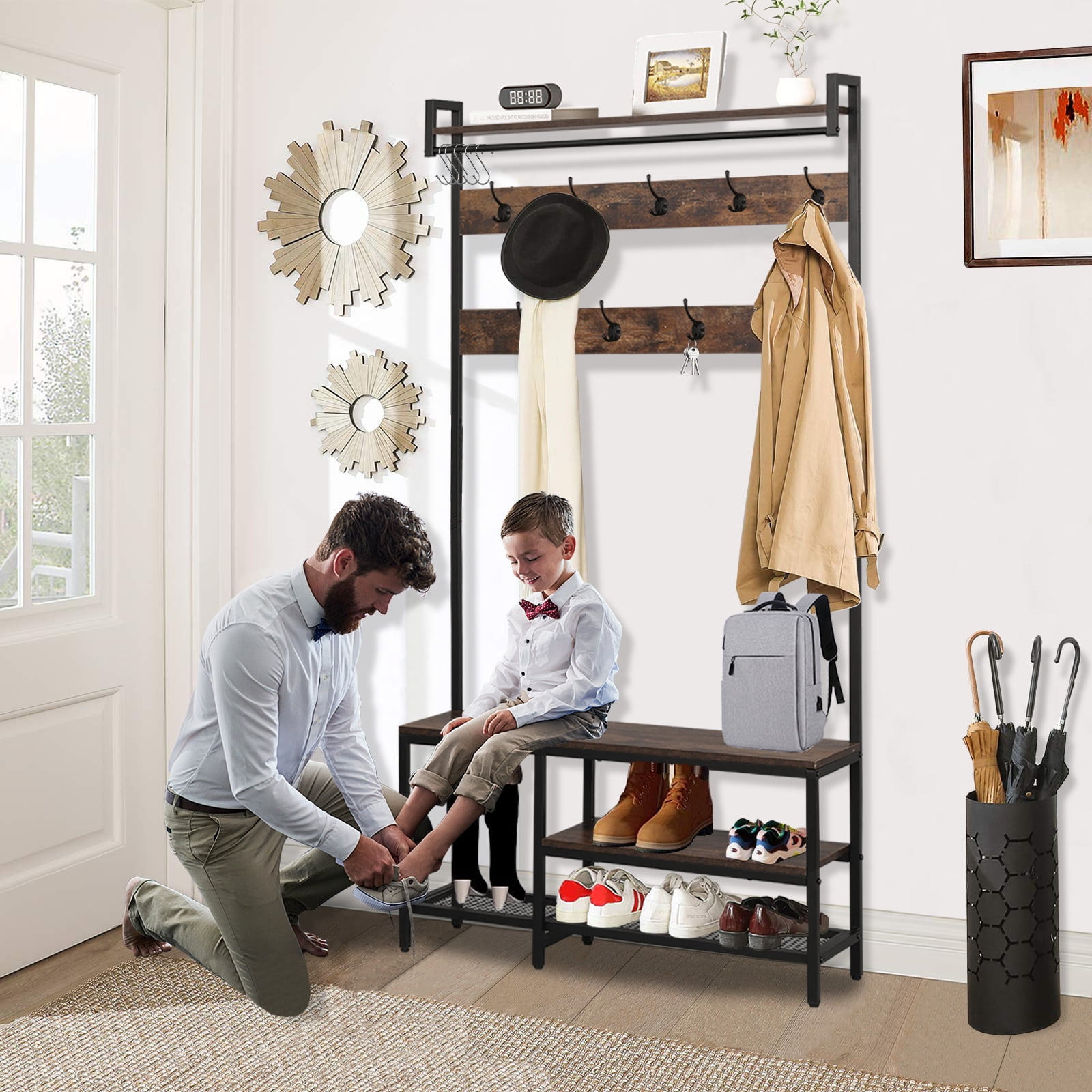 Hall Tree Entryway Bench with Storage, 35.5" Large Coat Rack ...