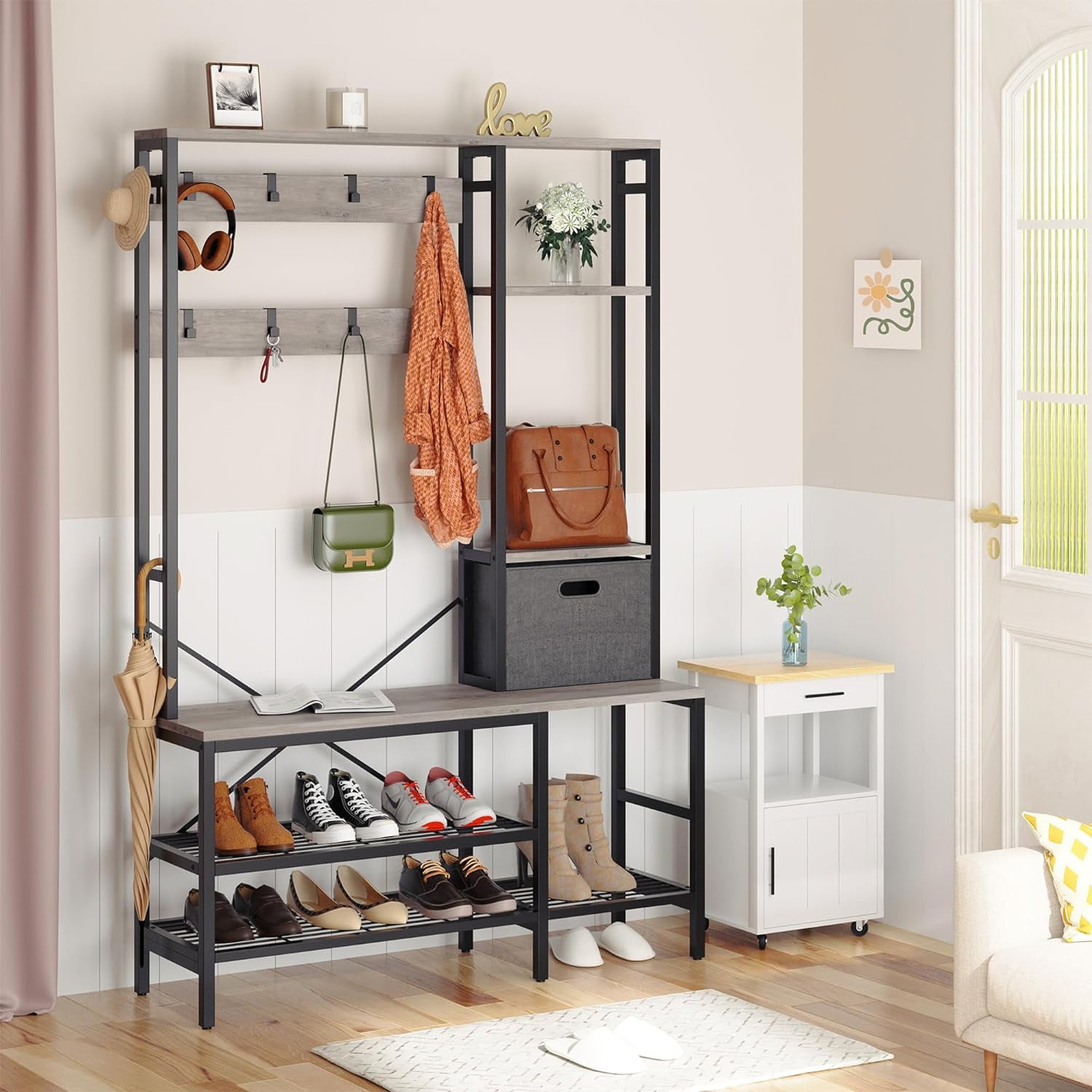 Hall Tree Free Standing Coat Rack, 5-in-1 Hall Tree with Bench and Shoe ...