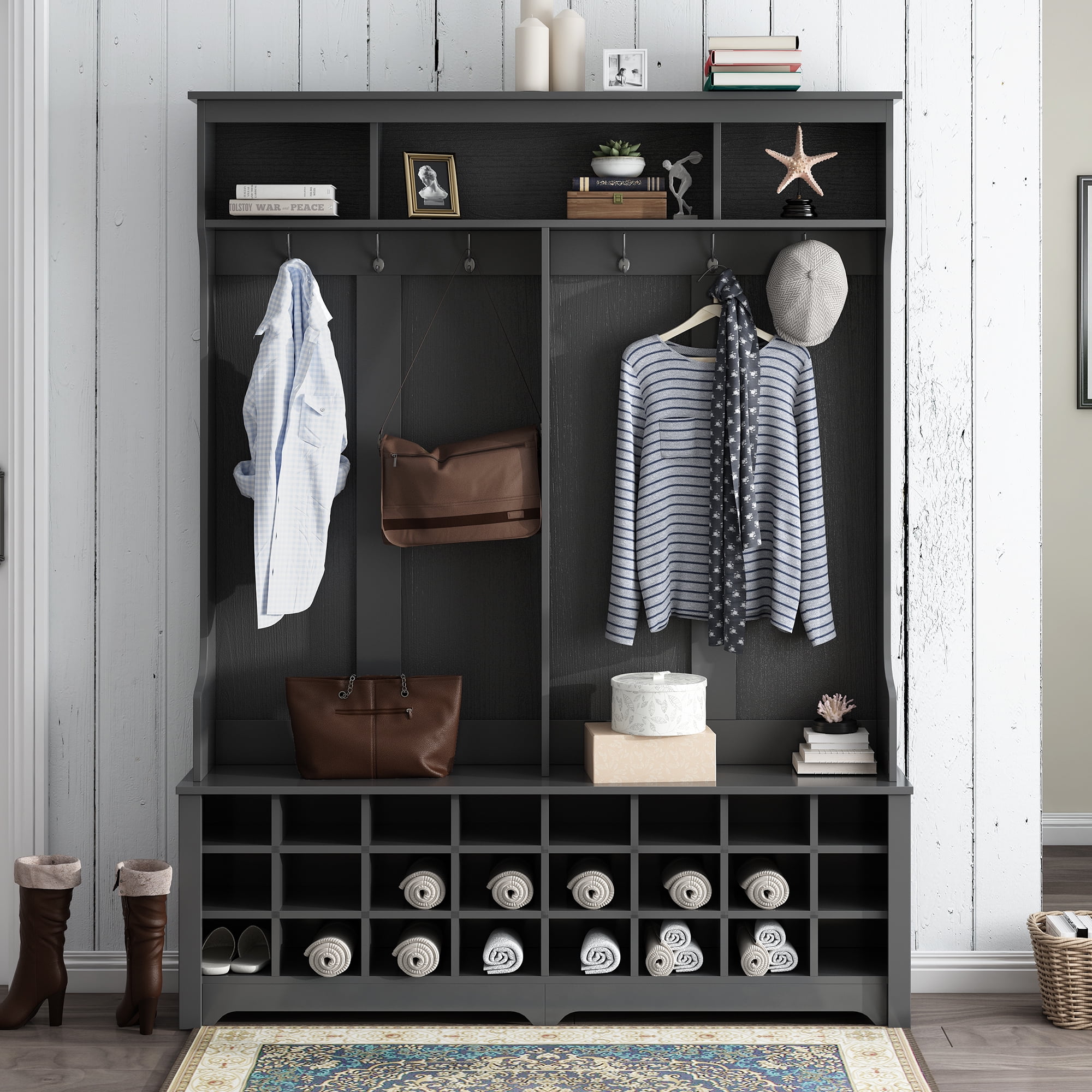 Hall Tree, Modern Style Multiple Functions Hallway Coat Rack with Metal ...