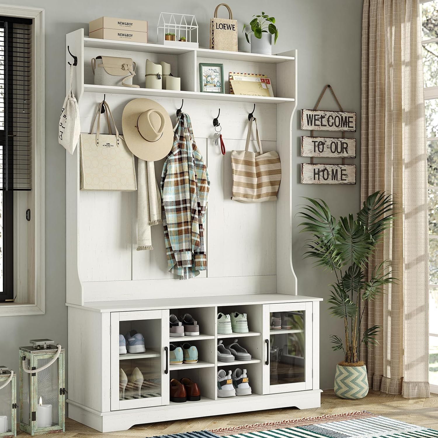 Hall Tree, Off White Entryway Bench with Coat Rack, 10 Shoe Storage & 7 ...