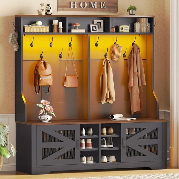 Hall Tree with Shoe Bench, 5-in-1 Entryway Bench with 16 Shoe Cubbies ...