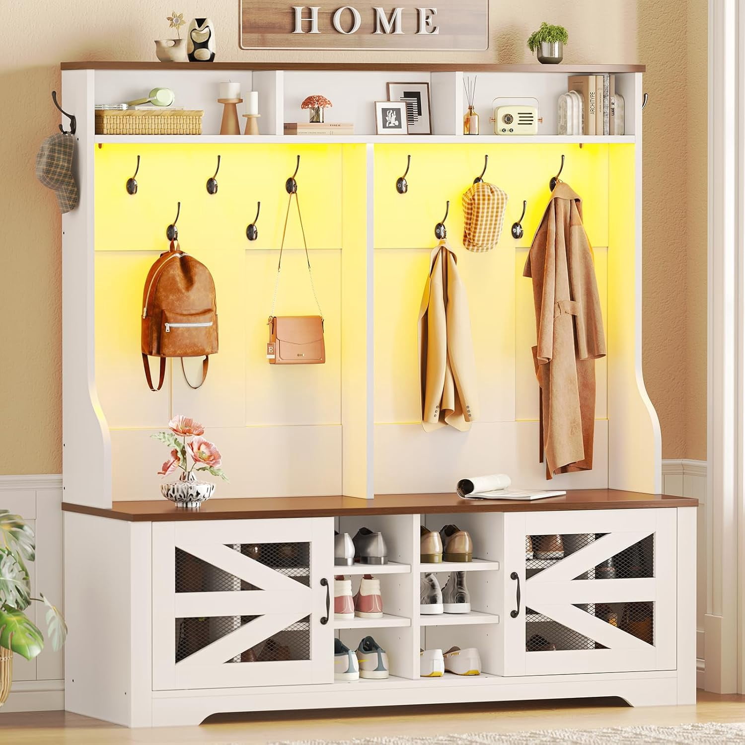 Hall Tree with Shoe Bench, 5-in-1 Entryway Bench with 16 Shoe Cubbies ...