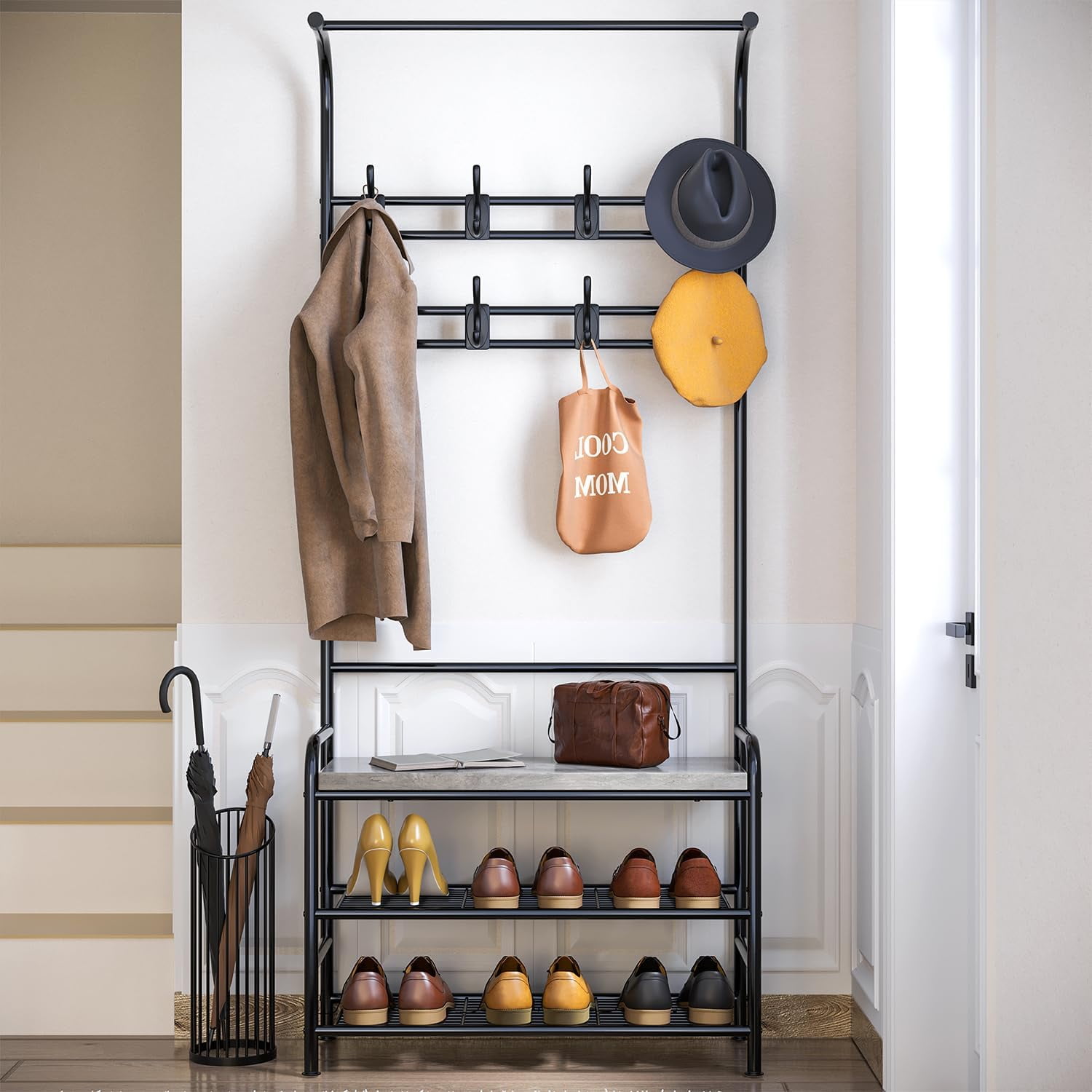 Hall Tree Shoe Bench for Entryway, Coat Rack Storage Bench, 4-in-1 Coat ...