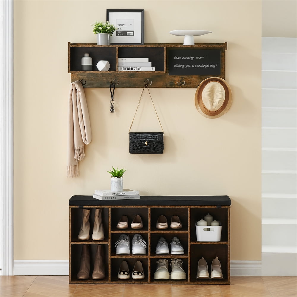 Hall Tree Shoe Bench Industrial 6 in 1 Coat/Shoe Rack with 5 Hooks, 12 ...