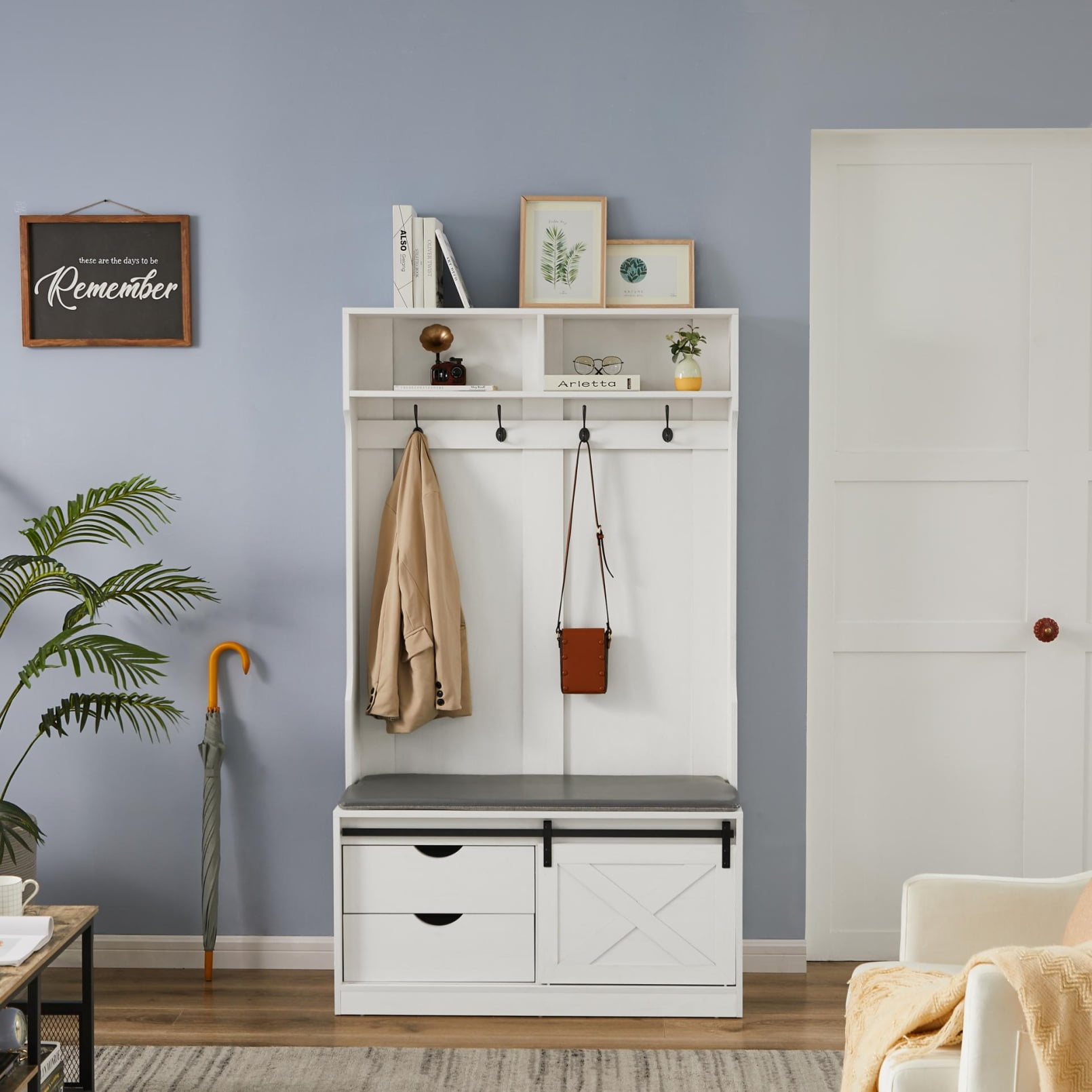 Hall Tree and Shoe Storage Bench with Cabinet, Wooden Coat Rack with 4 ...