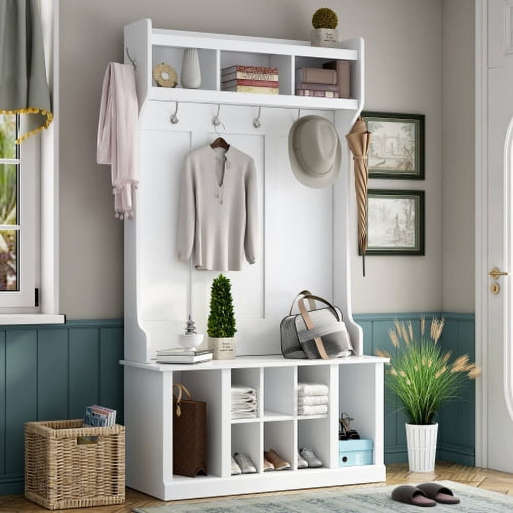 White 3-in-1 Hall Tree with Storage Bench, 5 Shelves, 6 Hooks, 70.8 ...