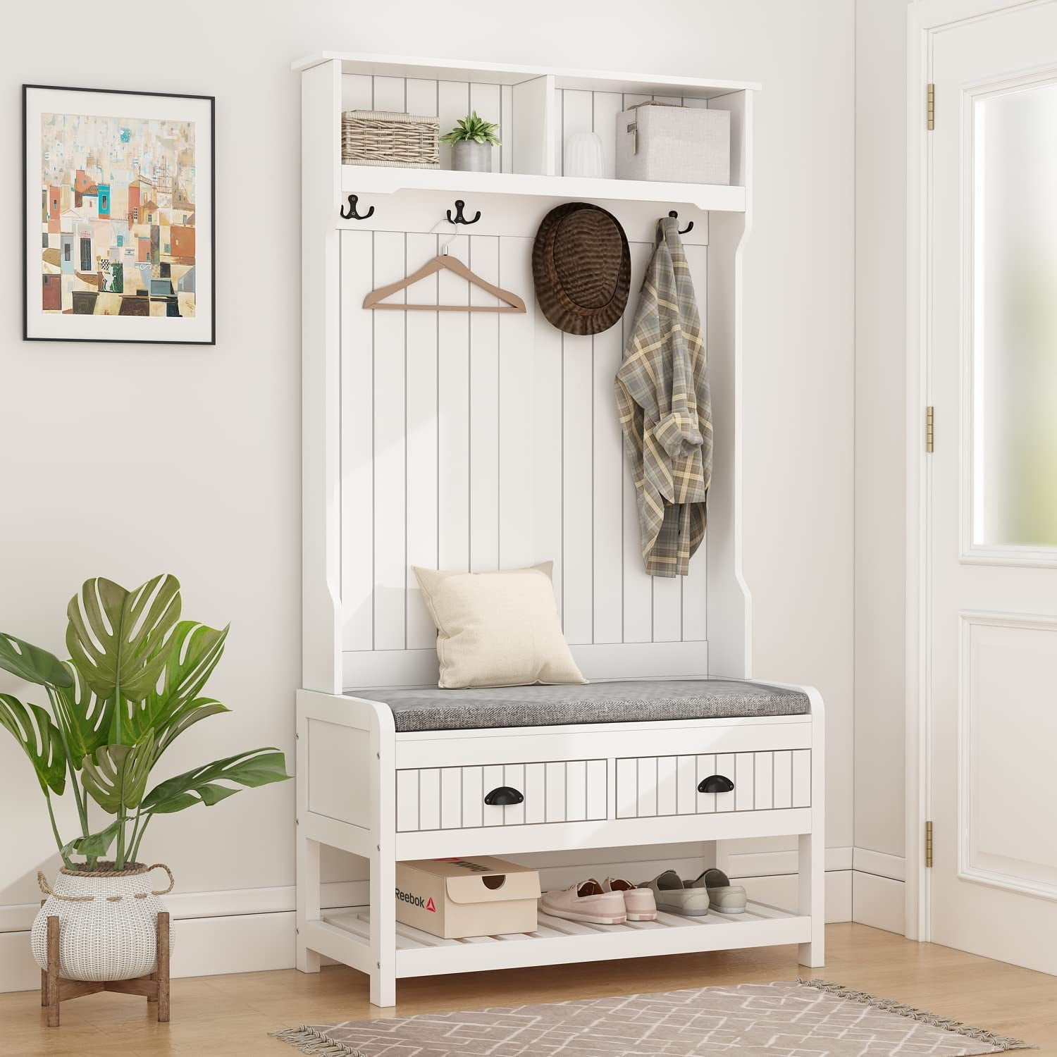 Hall Tree with Storage Bench 4-in-1 Entryway Bench with Coat Tall Hall ...