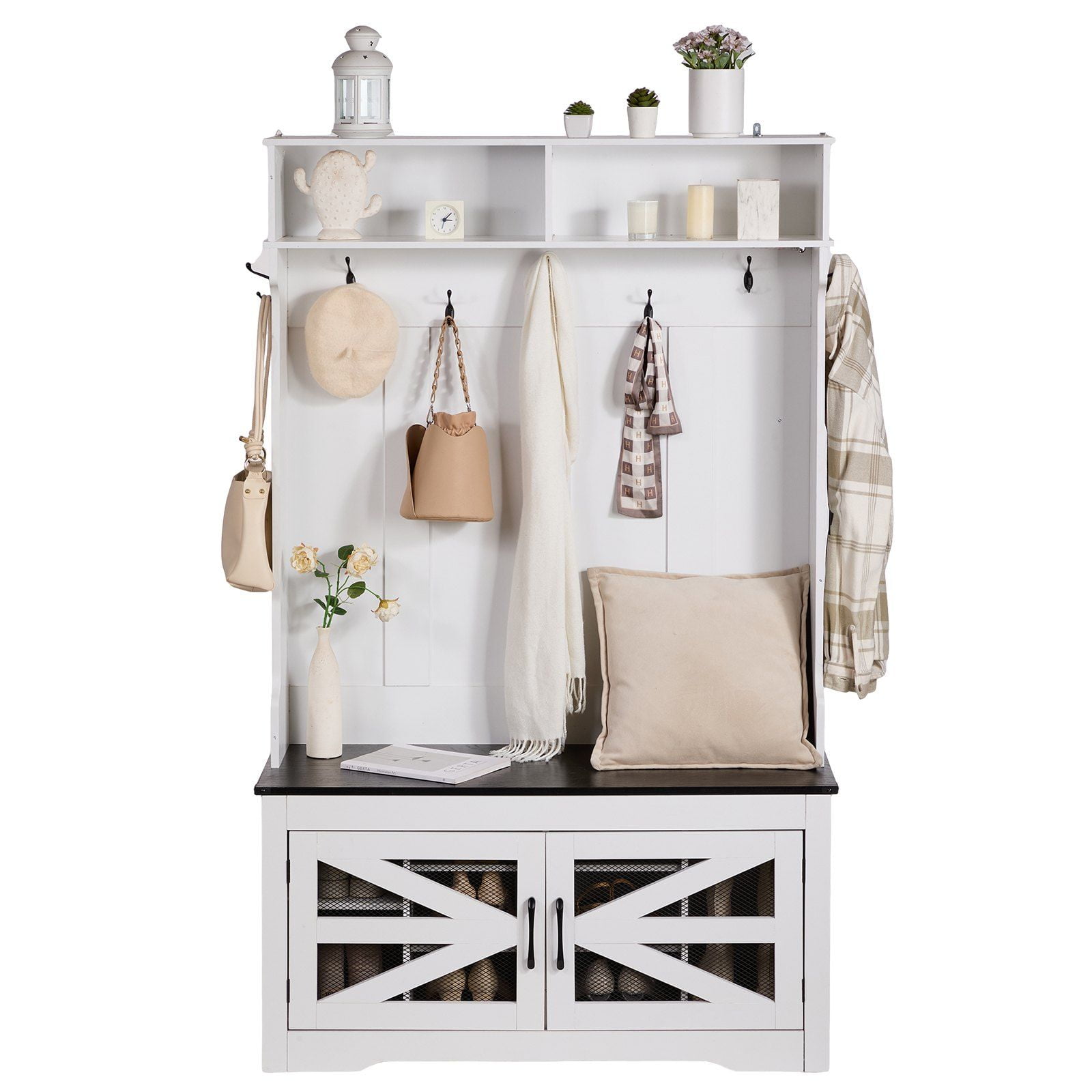 Hall Tree Wooden Hall Tree with Bench 7 Hooks for Entryway & Hallway ...