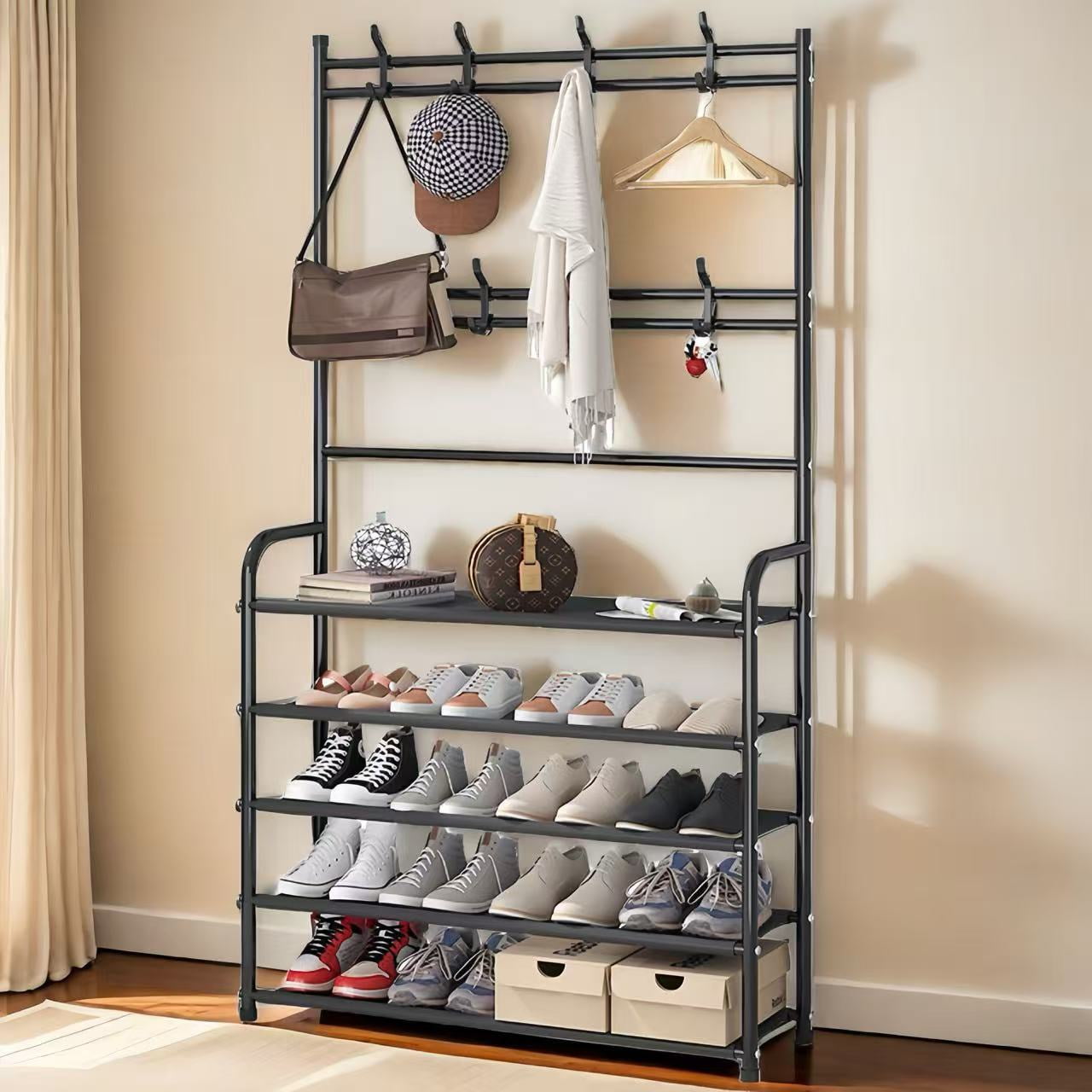 Hall Tree, YEEFO Coat Rack with 5 Tiers Shoe Rack& 8 Hooks Shoe Storage ...