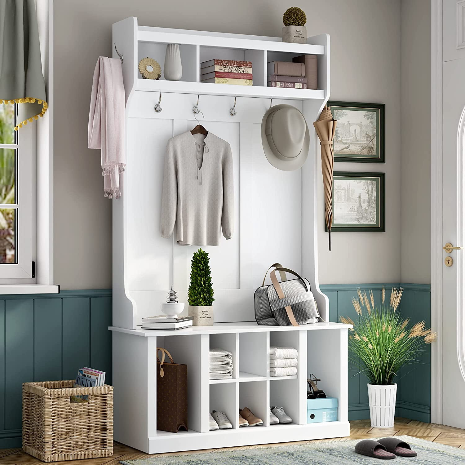 Hall Tree with 6 Hooks, Coat Hanger, Entryway Bench, Storage Bench, 3 ...