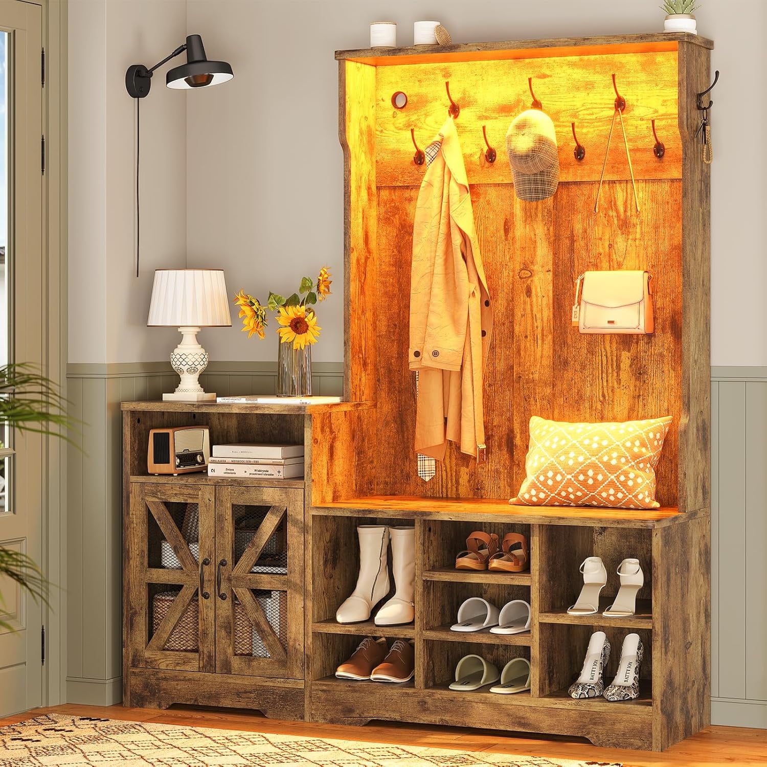 Hall Tree with Bench and Shoe Storage Entryway Entryway 10 Compartments ...
