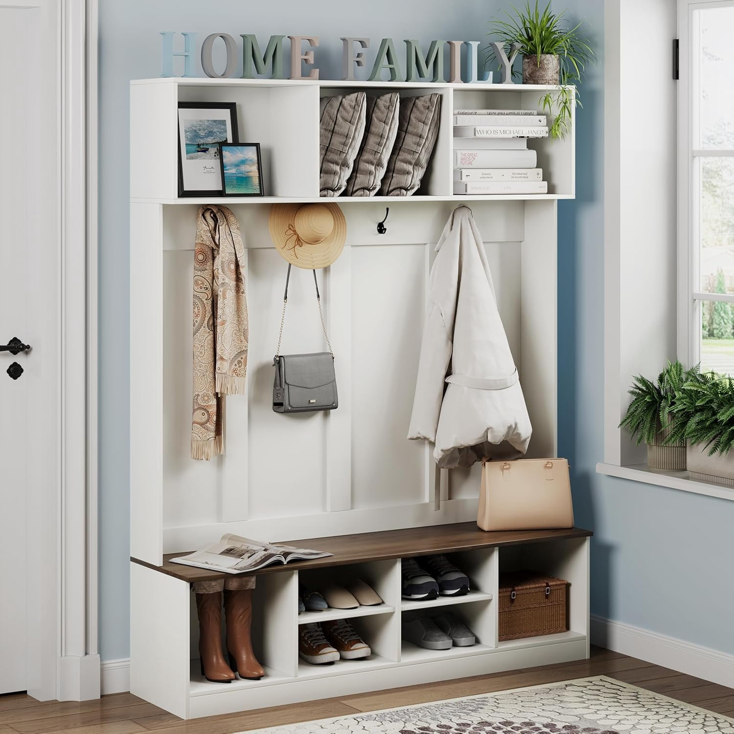 Hall Tree with Bench and Storage, Farmhouse 75" H Tall Hall Tree Wood ...