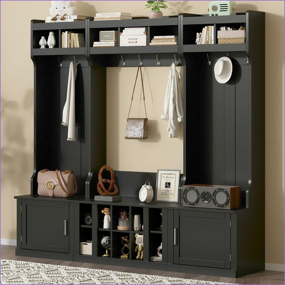 Hall Tree with Coat Rack, 4-in-1 Entryway Bench with Shoe Cubbies ...