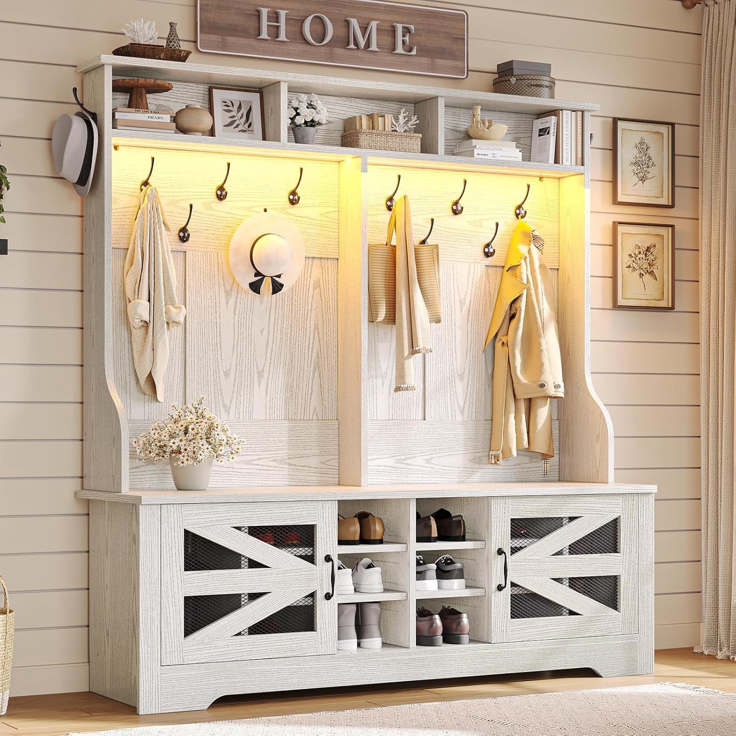 Hall Tree with Coat Rack and 16 Shoe Cubbies, 5-in-1 Entryway Bench ...