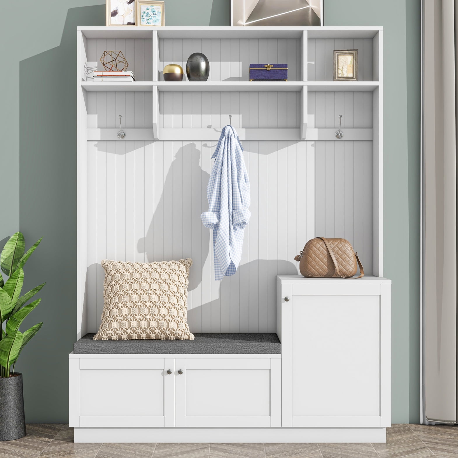 Hall Tree with Cushioned Bench and Shoe Storage, 3-in-1 Hall Tree with ...