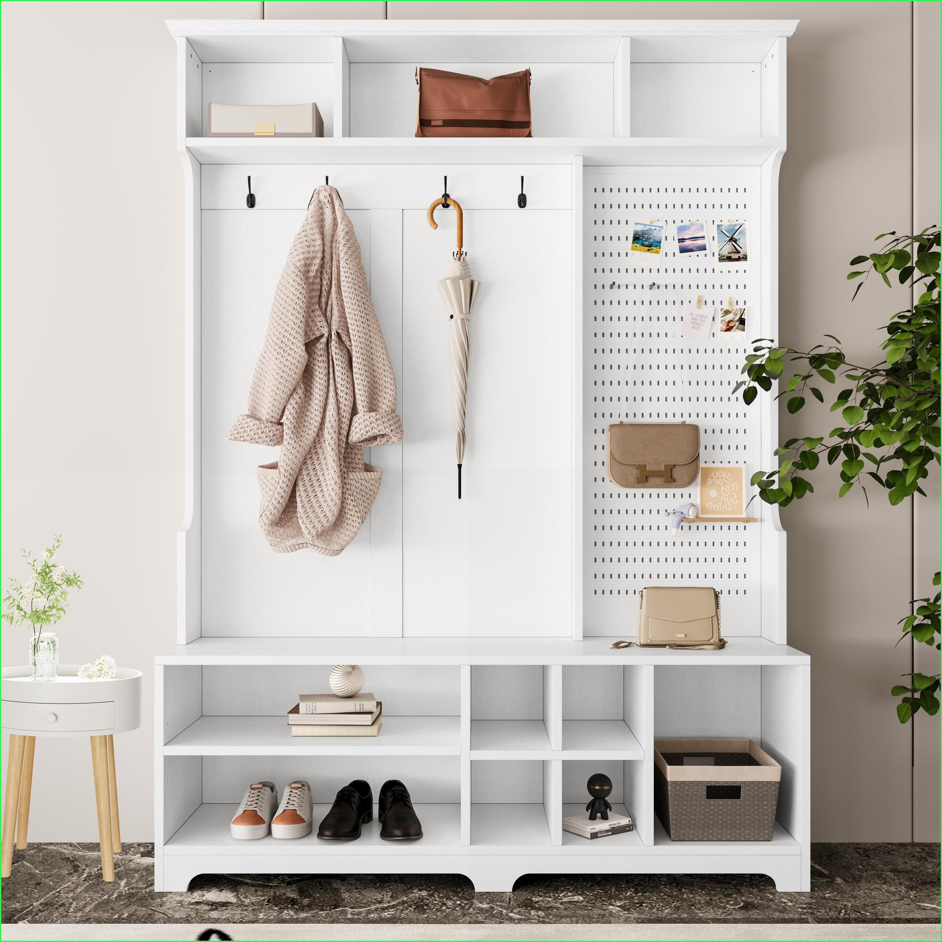Hall Tree with Shoe Bench, Coat Rack & Pegboard Storage | White | MDF ...