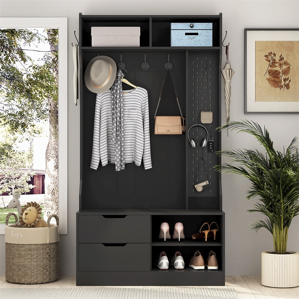 Hall Tree with Storage Bench, 6 Hooks, Drawers, Open Storage Shelves ...