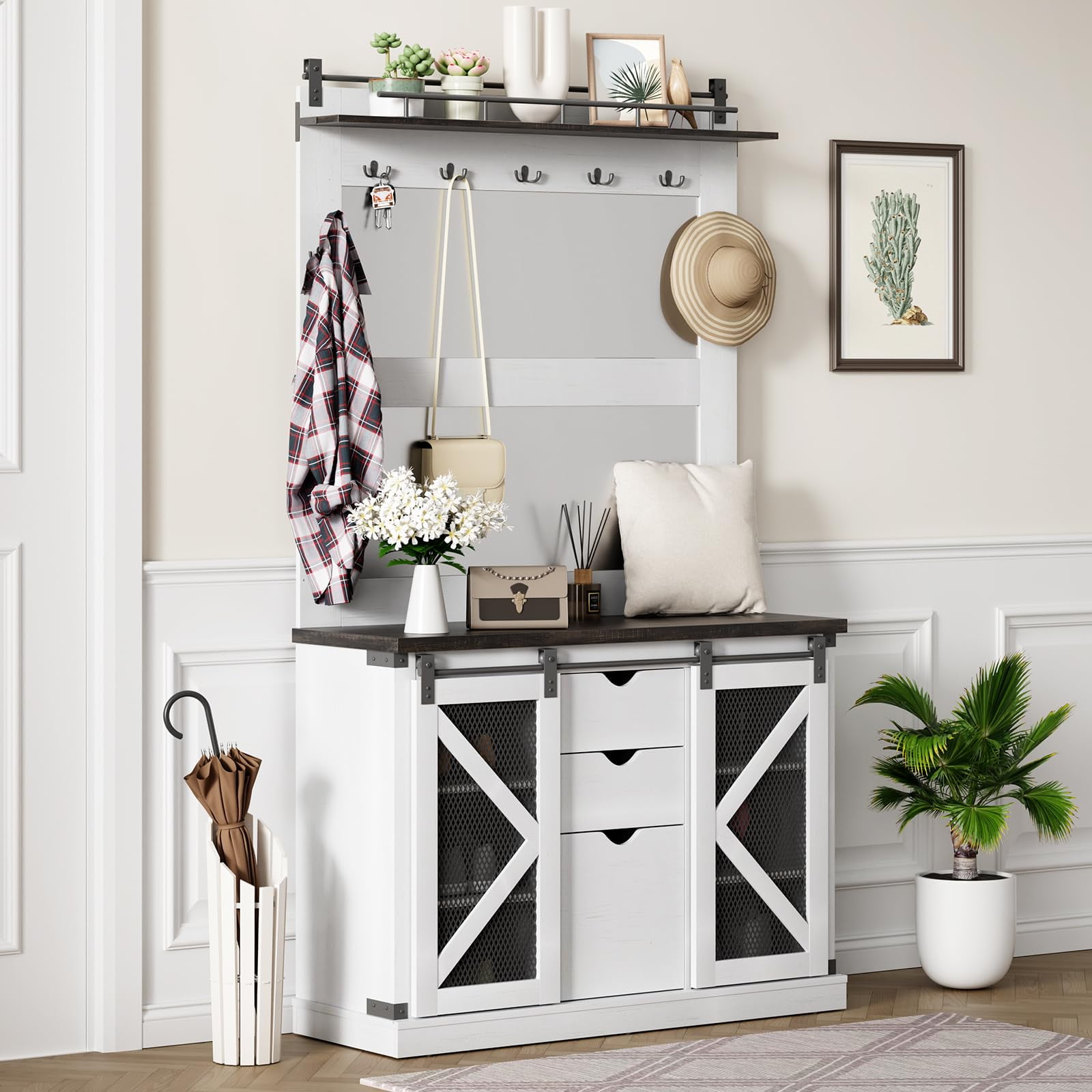 Hall Tree with Storage Bench - Coat Rack with Shoe Cubbies & 7 Coat ...