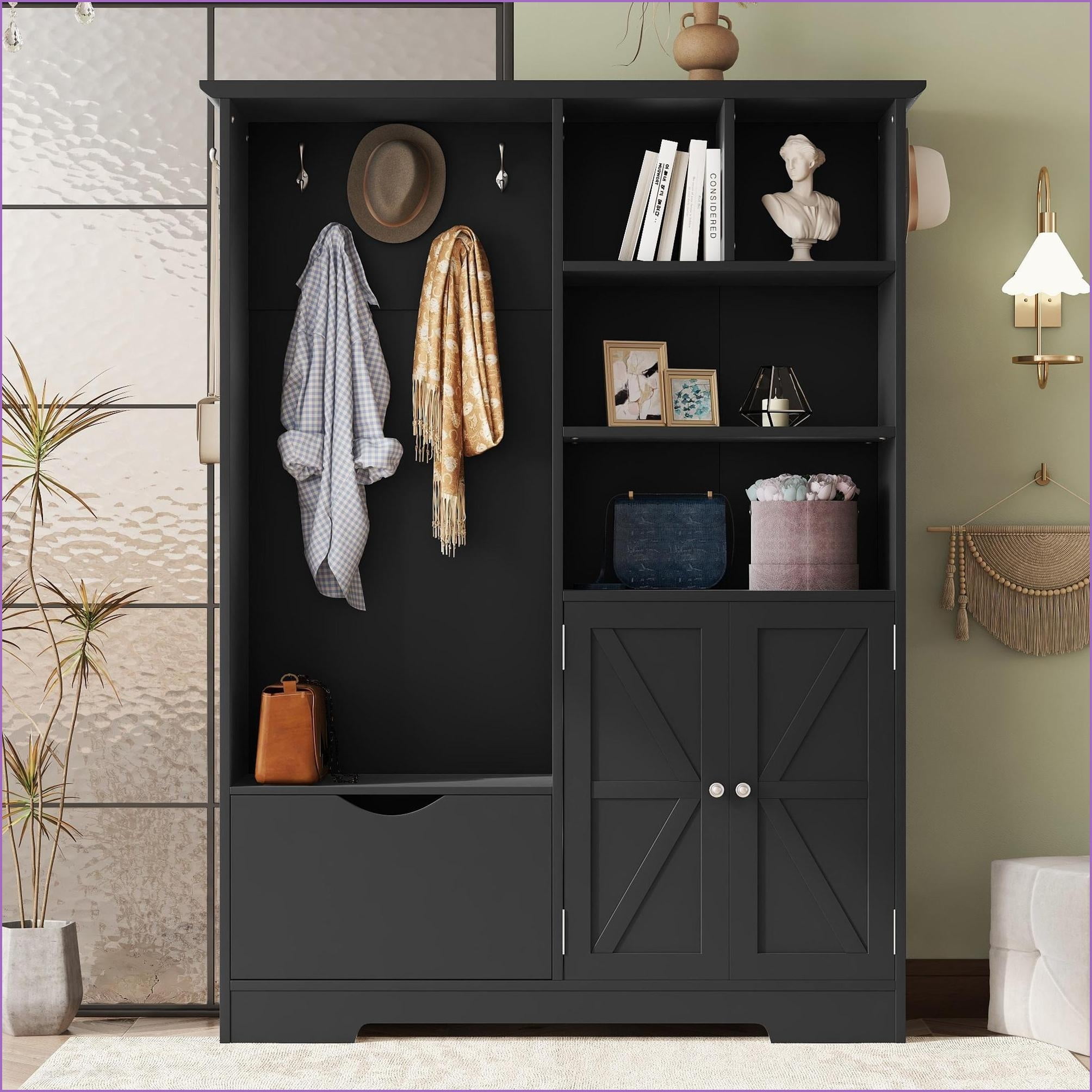 Hall Tree - Modern Black Entryway Organizer with Storage Bench, Drawer ...