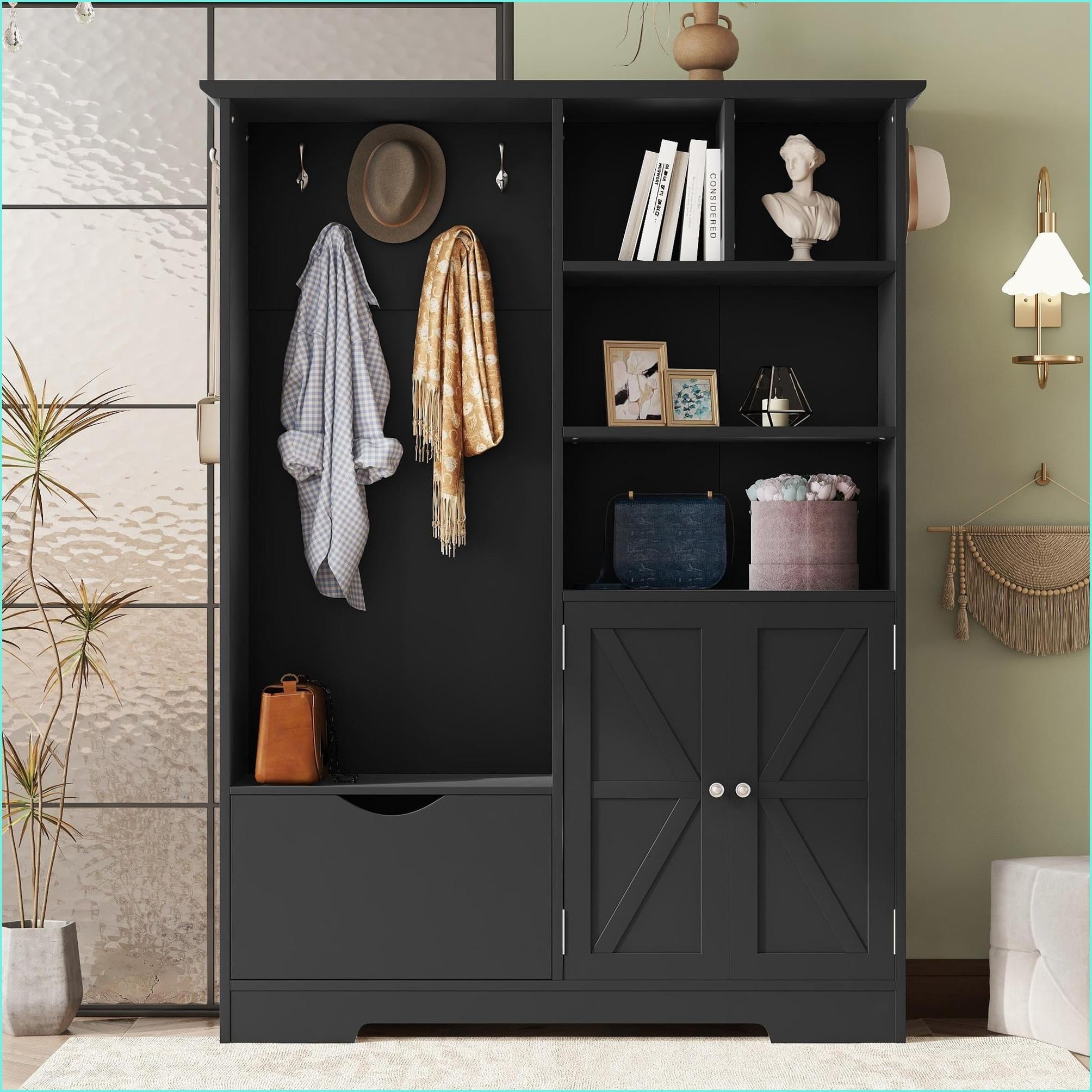Hall Tree with Storage Bench, Drawers & Hooks | Modern Black Entryway ...