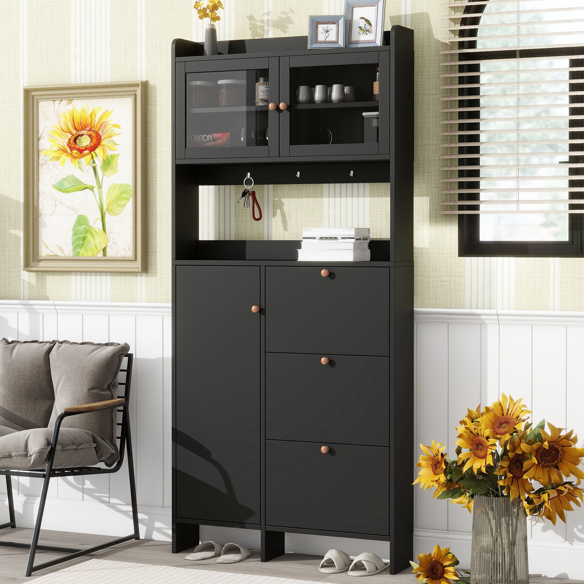 Hall Tree with Tempered Glass Doors, Entryway Shoe Storage Cabinet with ...