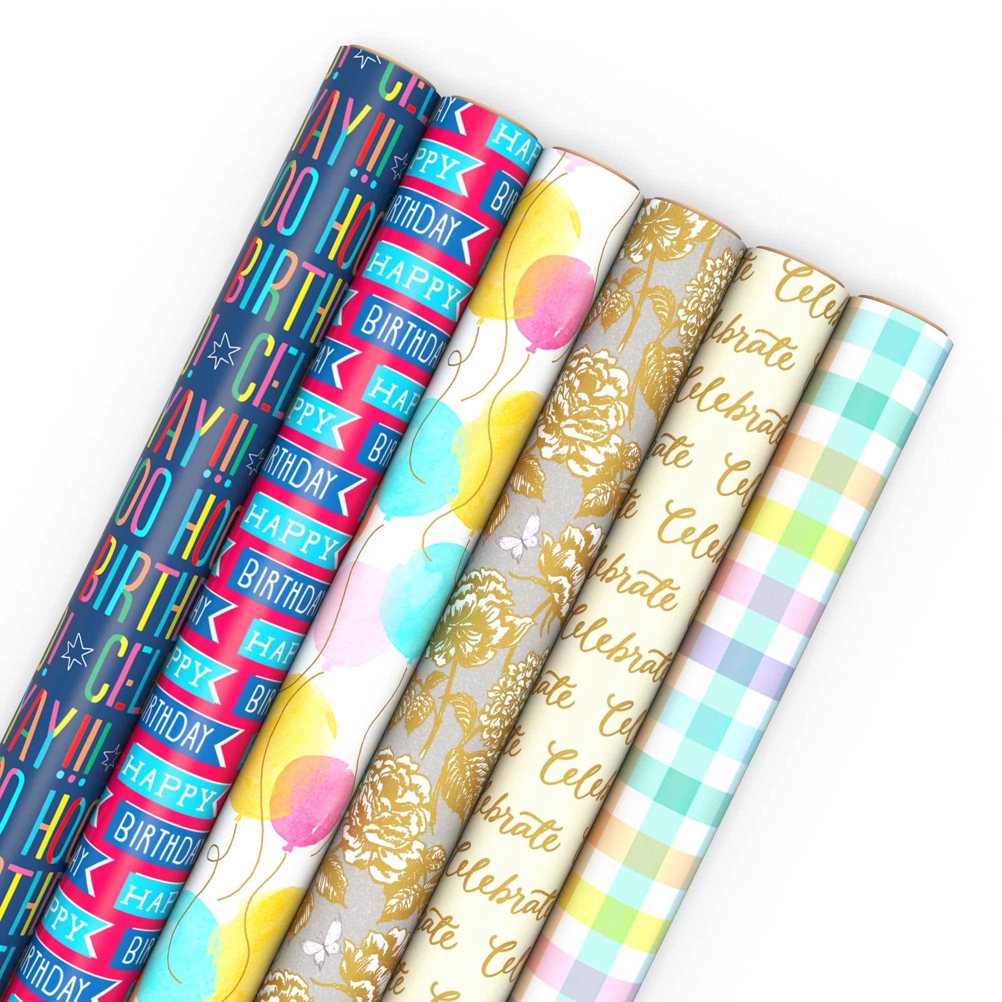 Hallmark 6-Pack Assorted Wrapping Paper Roll Bundle (Flowers, Balloons ...