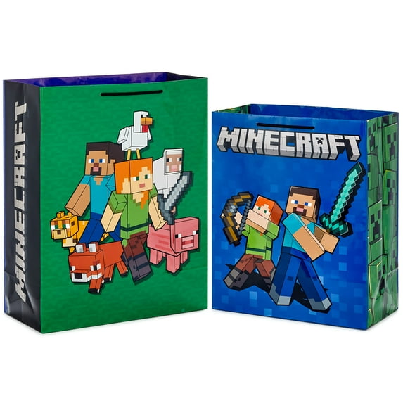 Hallmark Minecraft Gift Bag Bundle (2 AIS1 Bags: 13" Large Blue Bag, 15 ...
