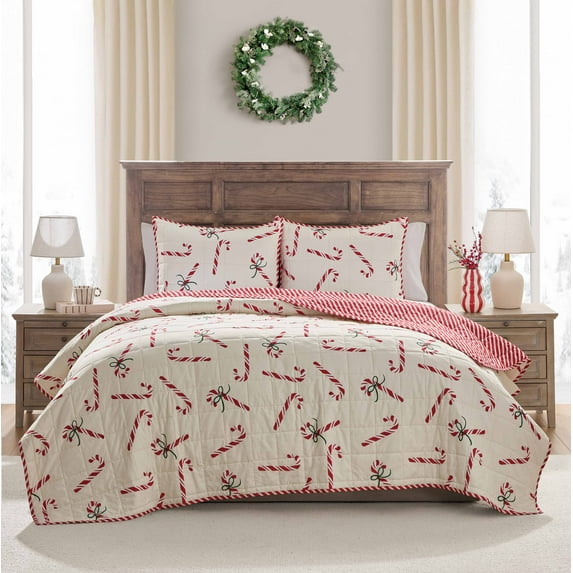 Hallmark Multi Candy Canes 3-Piece Adult Holiday Quilt Set, Full/Queen ...