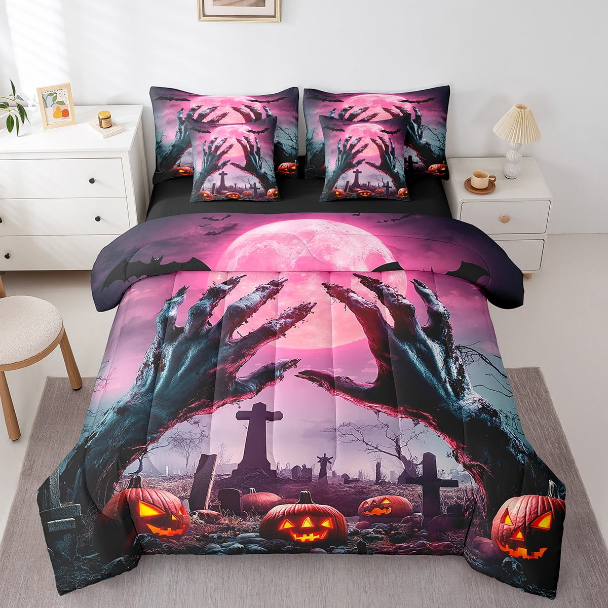 Hallo Bed in a Bag Queen Comforter Set 7 Piece,Gothic Spooky Hand ...