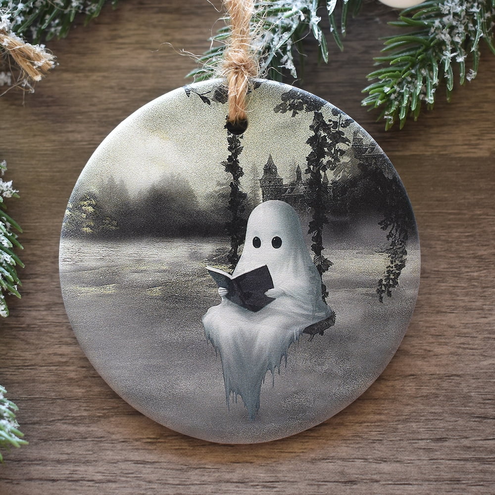 Hallo.Ween Ghost Reading Ornament, Spooky Goth Noel Or Hallo.Ween Decor ...