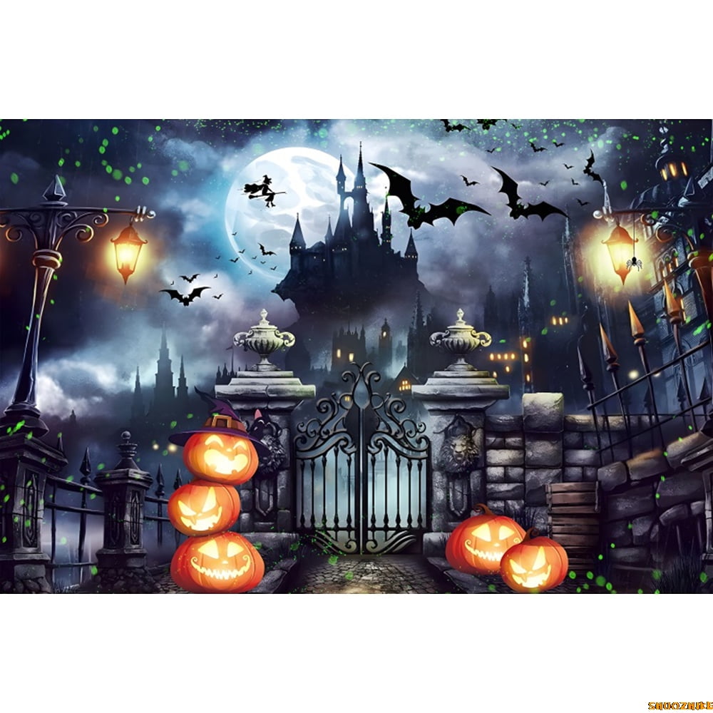 Hallowe Backdrop Horror Night Moon Castle Forest Scary Cemetery Pumpkin ...