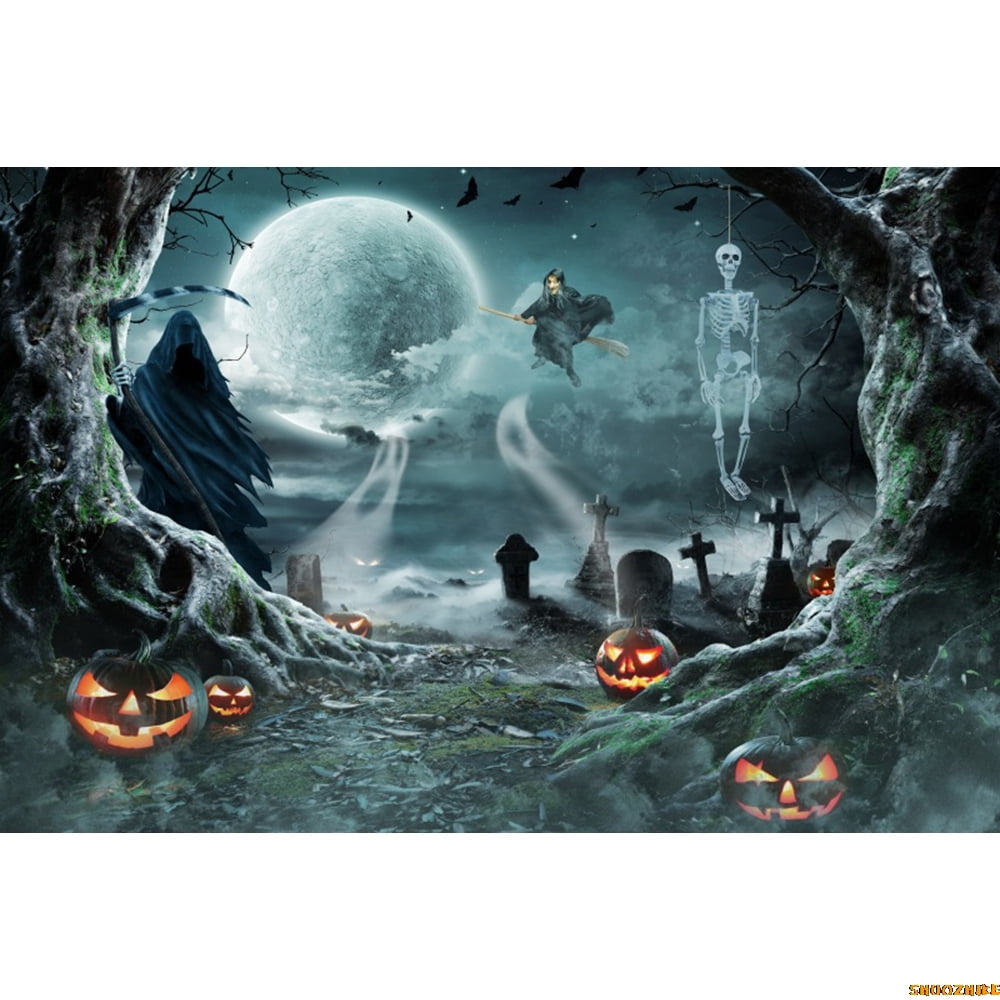 Hallowe Backdrop Horror Night Moon Castle Forest Scary Cemetery Pumpkin ...